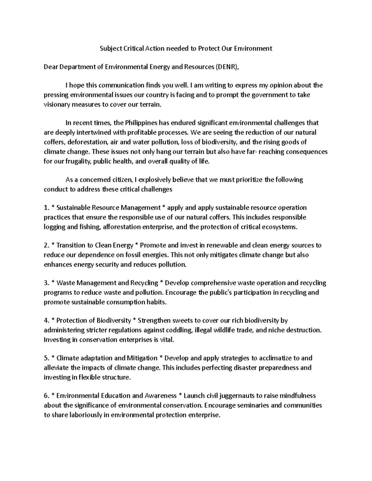 Letter - for denr - Subject Critical Action needed to Protect Our ...
