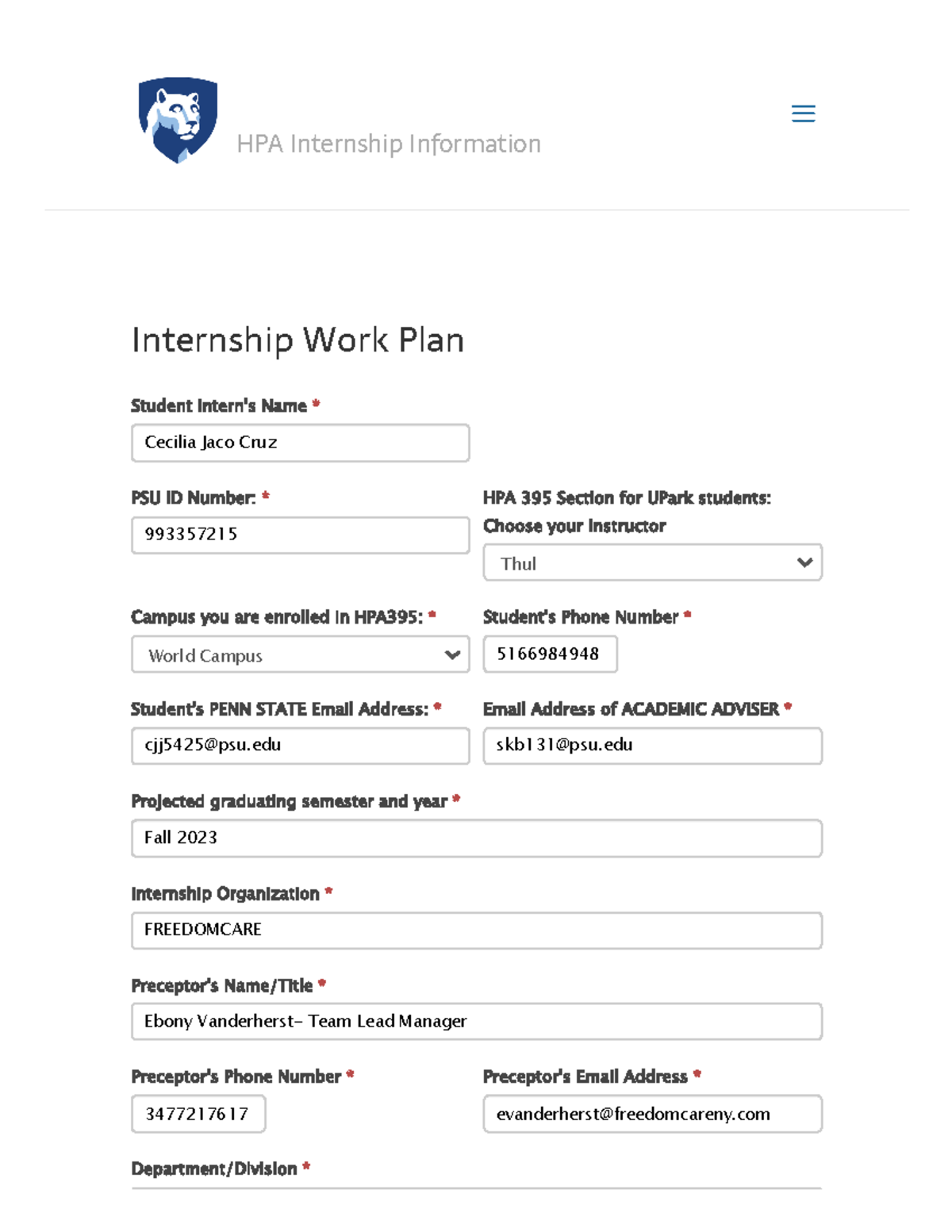 Internship Work Plan HPA Internship Information - Internship Work Plan ...
