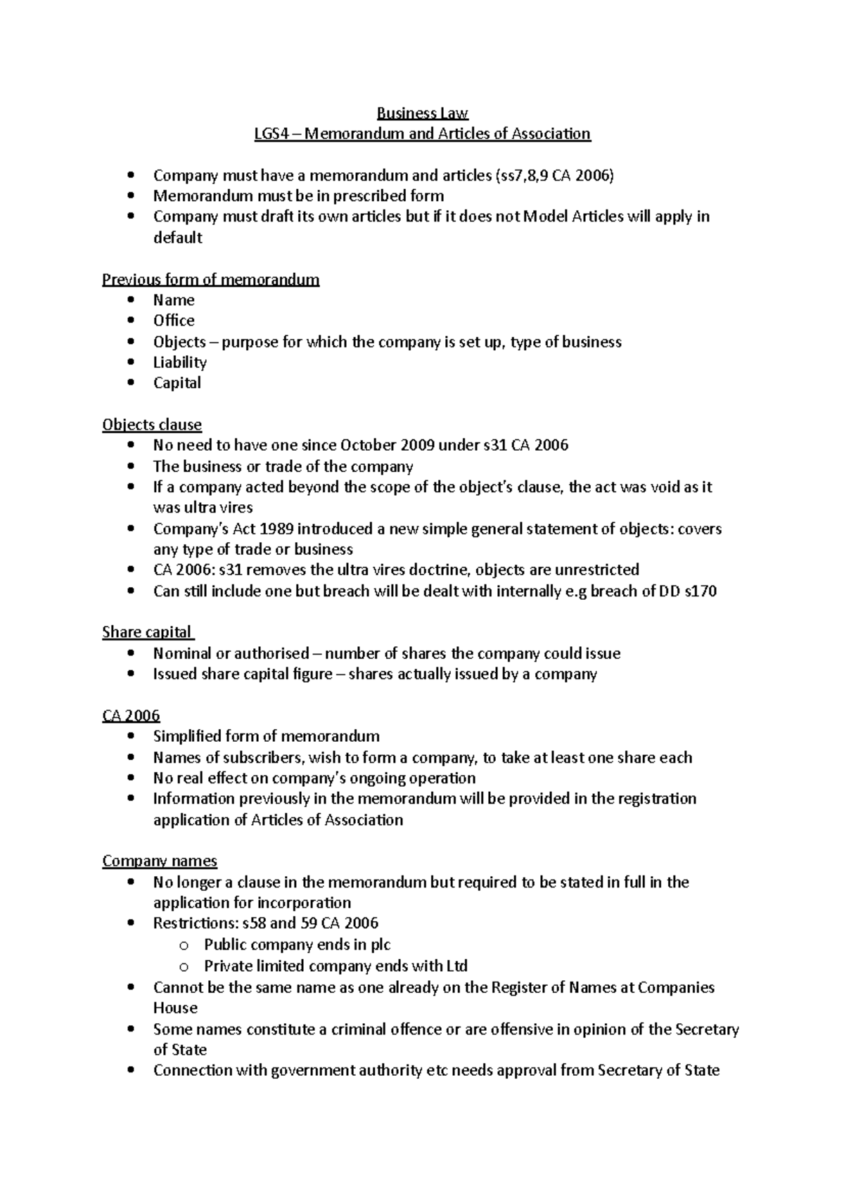 Memorandum and Articles of Association - Studocu