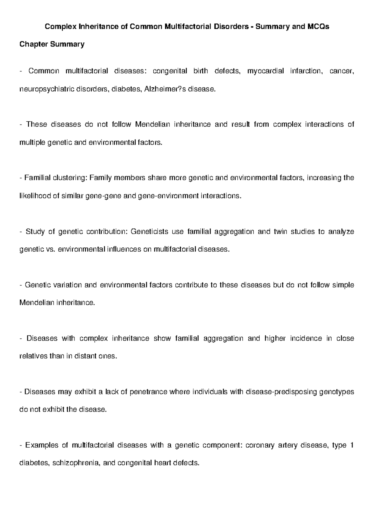 Complex Inheritance Summary and MCQs 2 - Complex Inheritance of Common Multifactorial Disorders ...