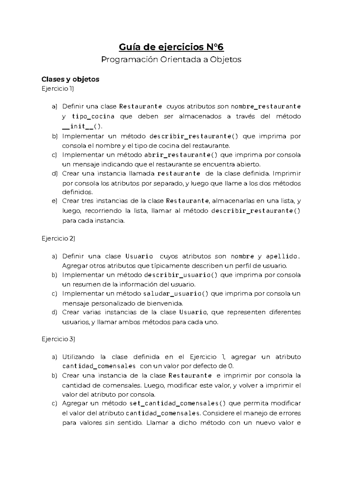 Guía 6 - Guía de ejercicios N° Programación Orientada a Objetos Clases ...