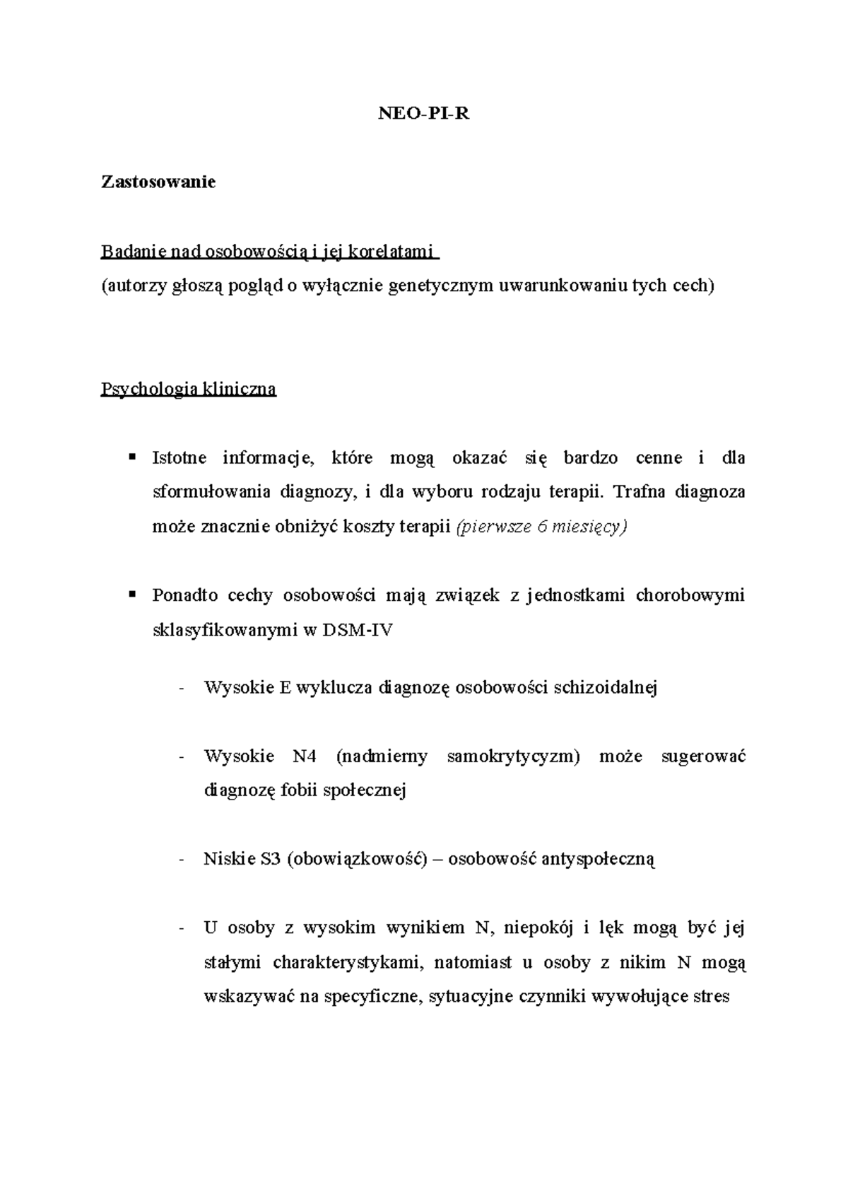 NEO-PI-R - NEO P R - NEO-PI-R Zastosowanie Badanie nad osobowością i ...