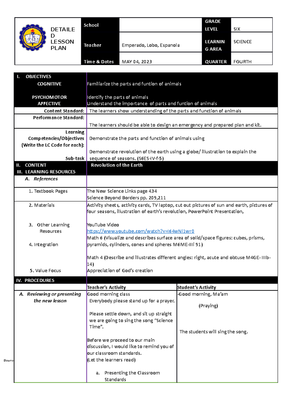 Lesson plan revolution of the earth 2 - Source: DepEd Order #42 s. 2016 ...
