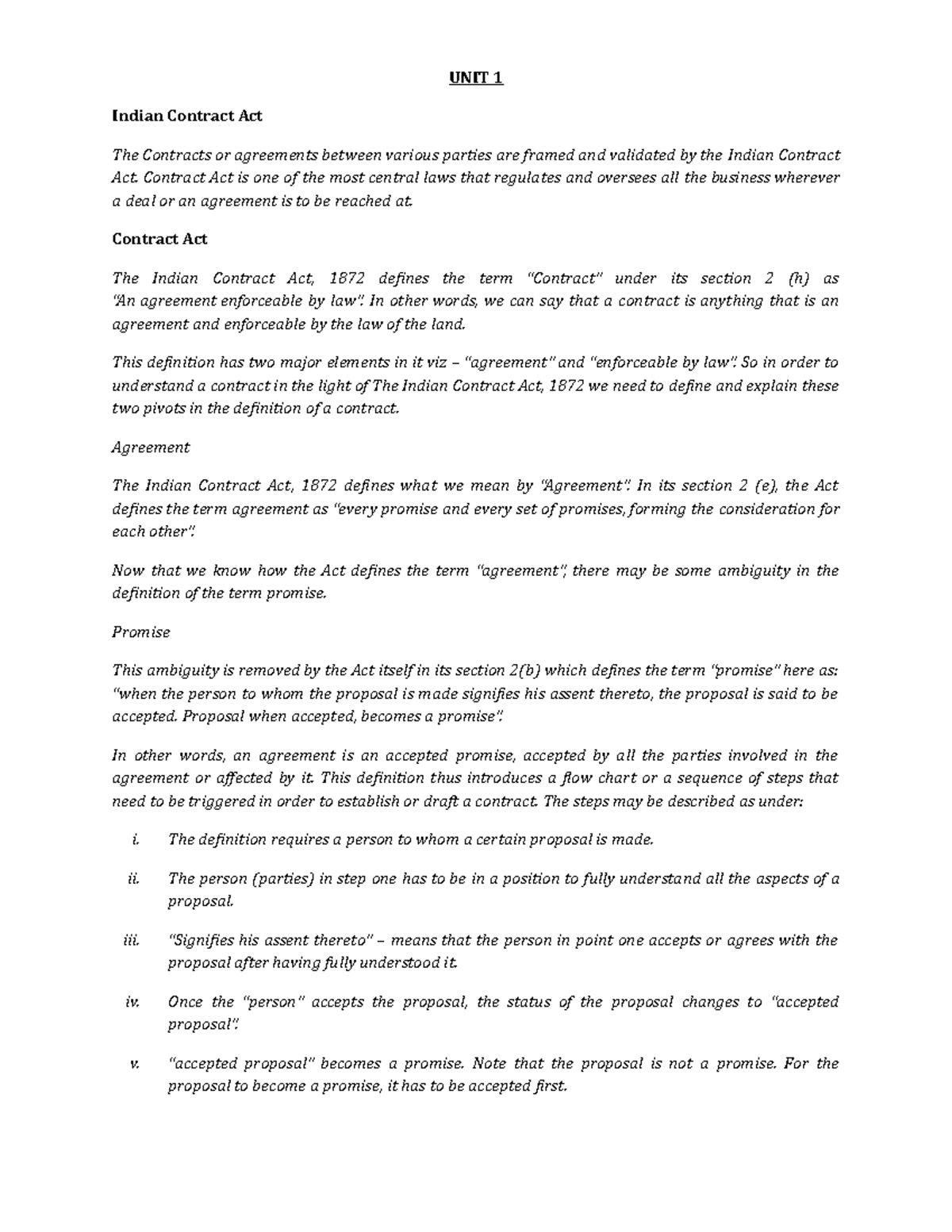 UNIT 1 - NOtes - UNIT 1 Indian Contract Act The Contracts or agreements ...