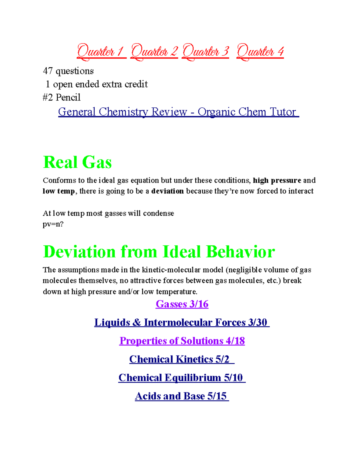 CHEM Final - Quarter 1 Quarter 2 Quarter 3 Quarter 4 47 questions 1 ...