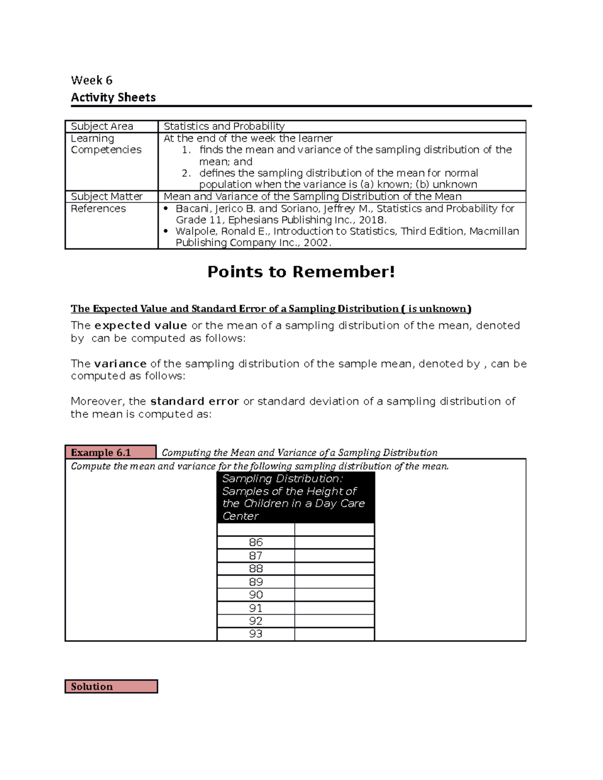 AS WEEK6 - None - Week 6 Activity Sheets Subject Area Statistics and ...