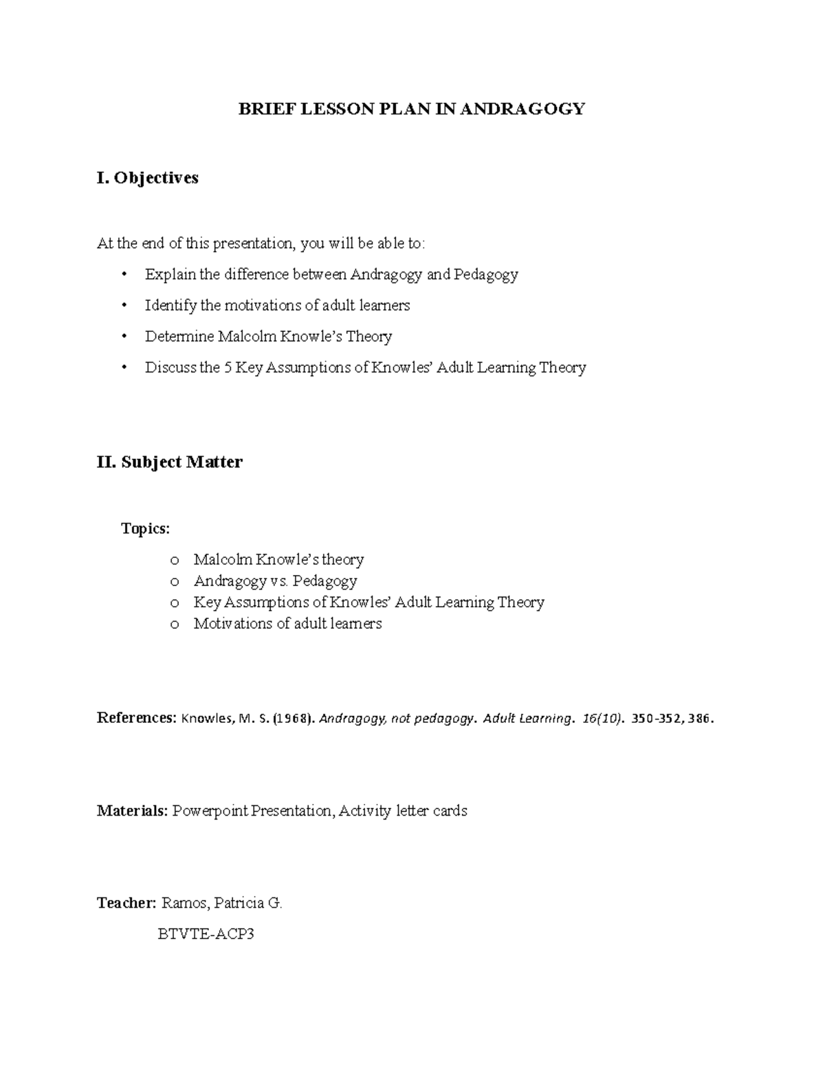 Brief Lesson PLAN - NONE - BRIEF LESSON PLAN IN ANDRAGOGY I. Objectives ...