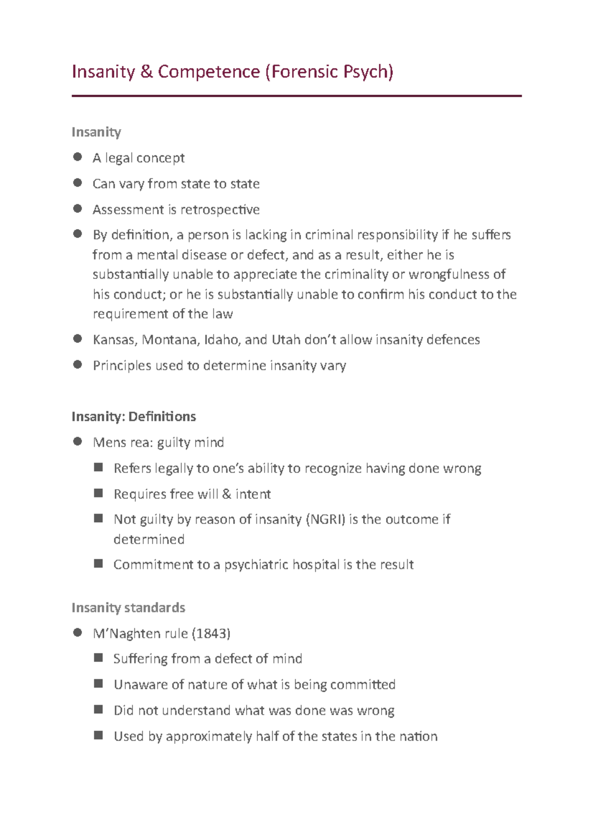 Forensic Psych 340 - Insanity & Competence (Forensic Psych) Insanity A ...