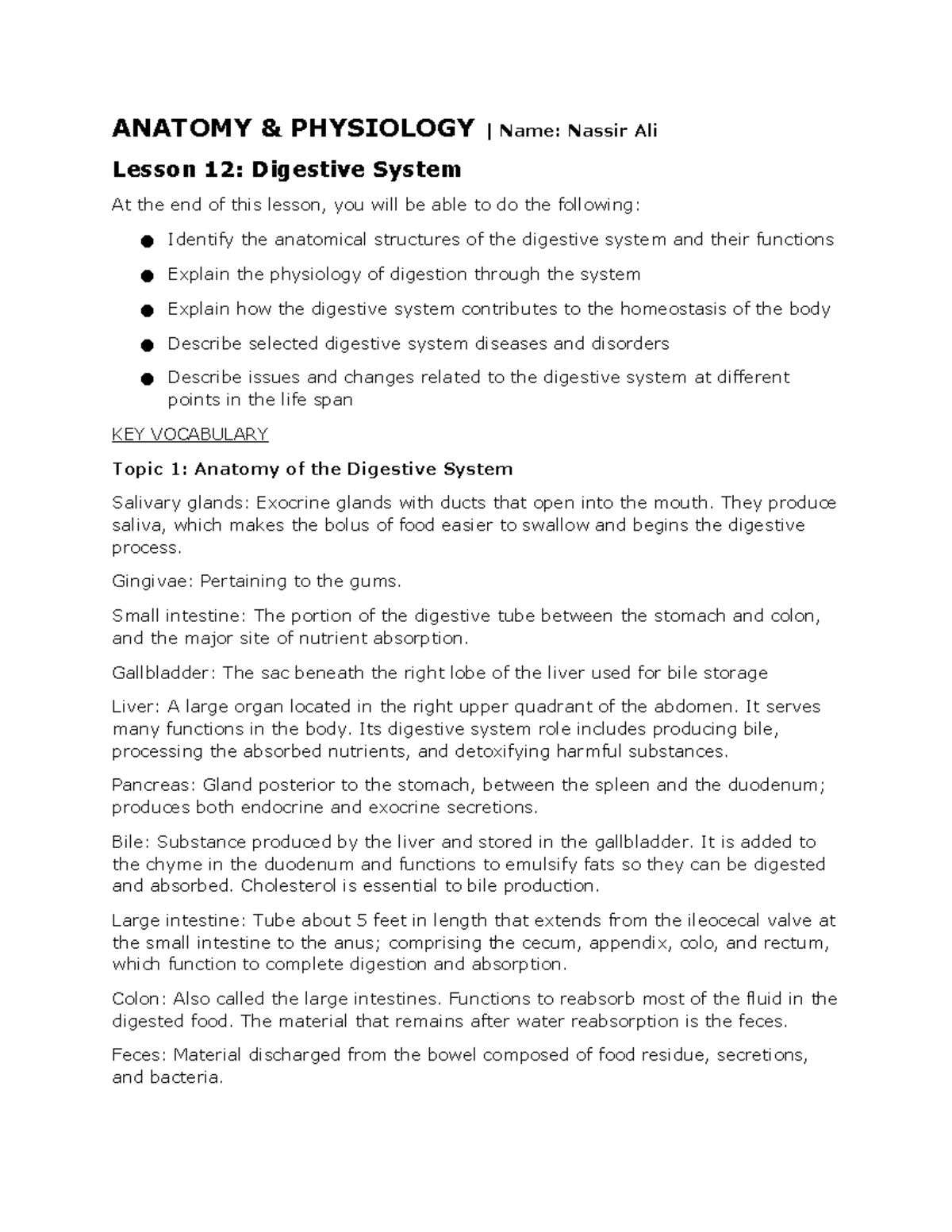 - 12 - Digestive System study guide for anatomy - ANATOMY PHYSIOLOGY ...
