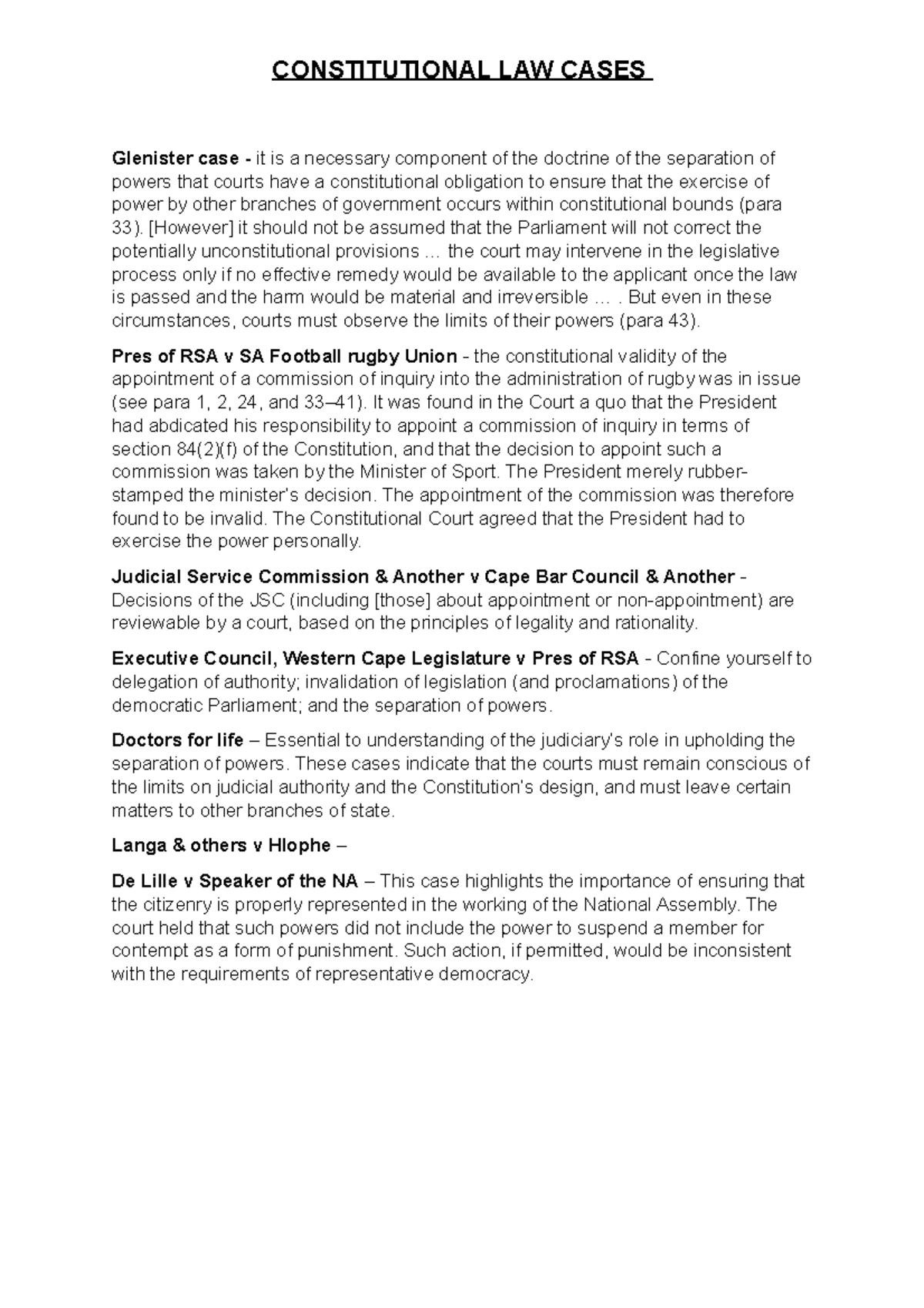 Constitutional LAW Cases Glenister case - CONSTITUTIONAL LAW CASES ...