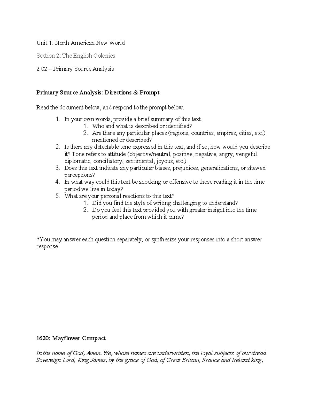2.02 Primary Source Analysis - Unit 1: North American New World Section ...