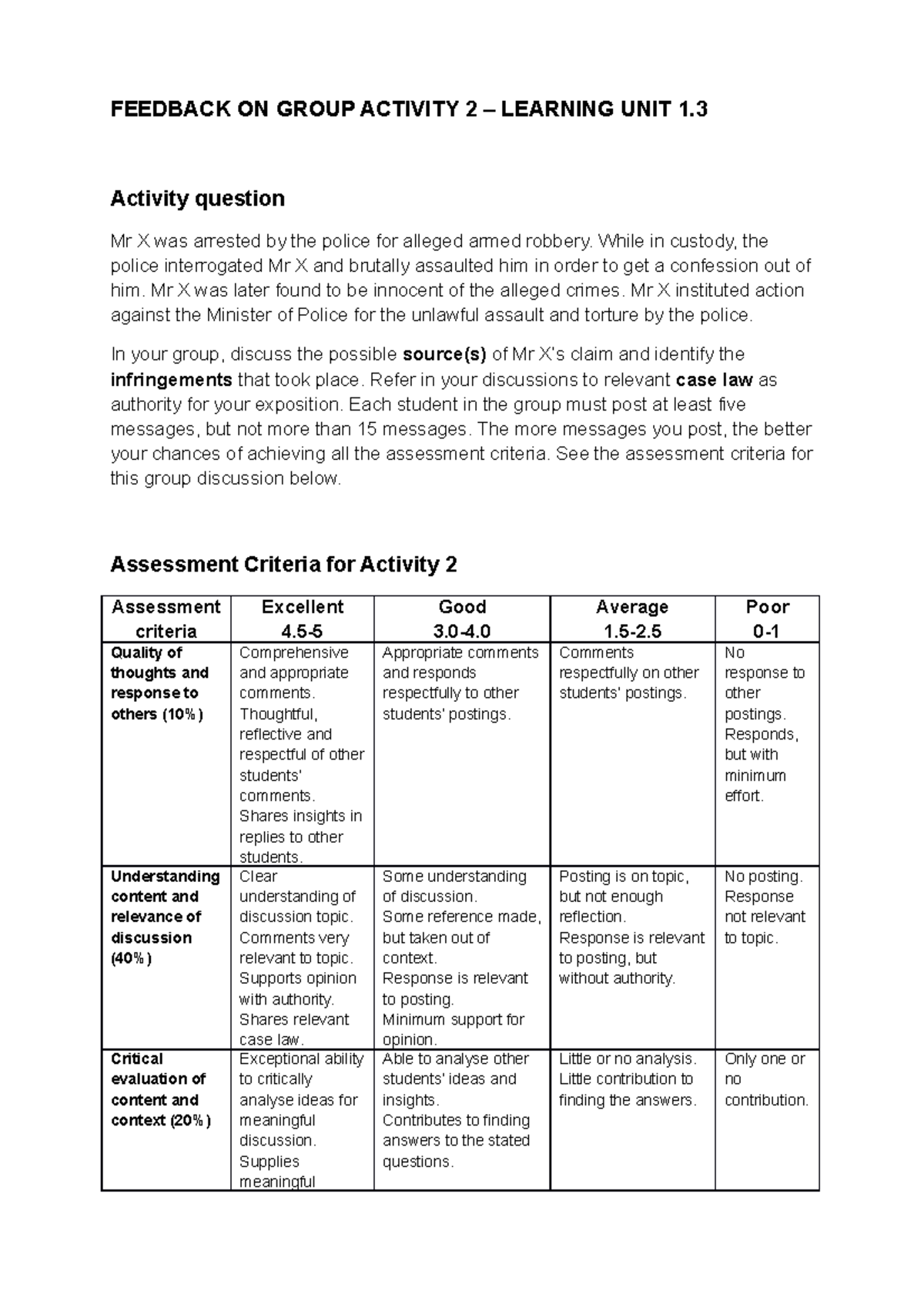 Feedback On one of the activities. Activity 2 - FEEDBACK ON GROUP ...