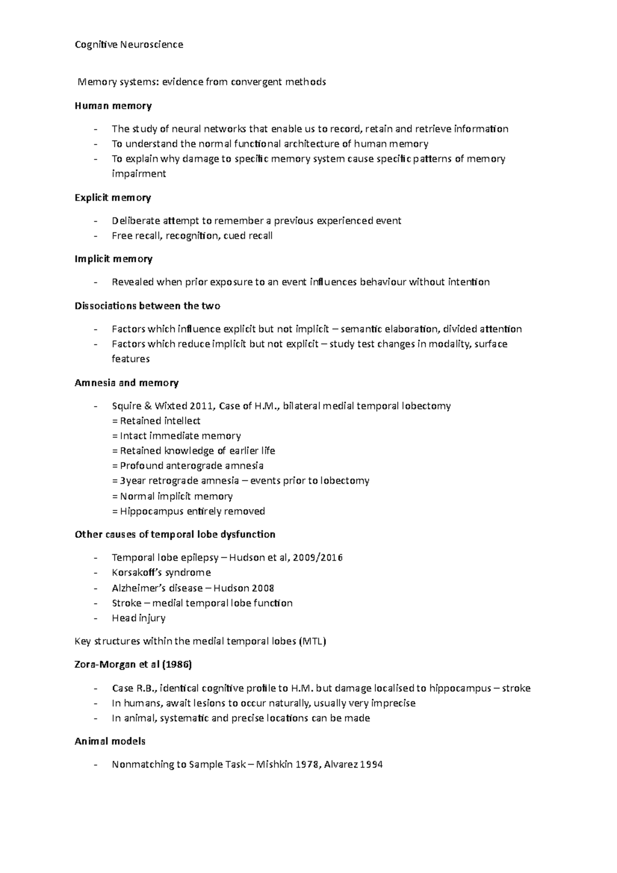 Memory systems - amnesia, temporal lobe dysfunction, problems with ...