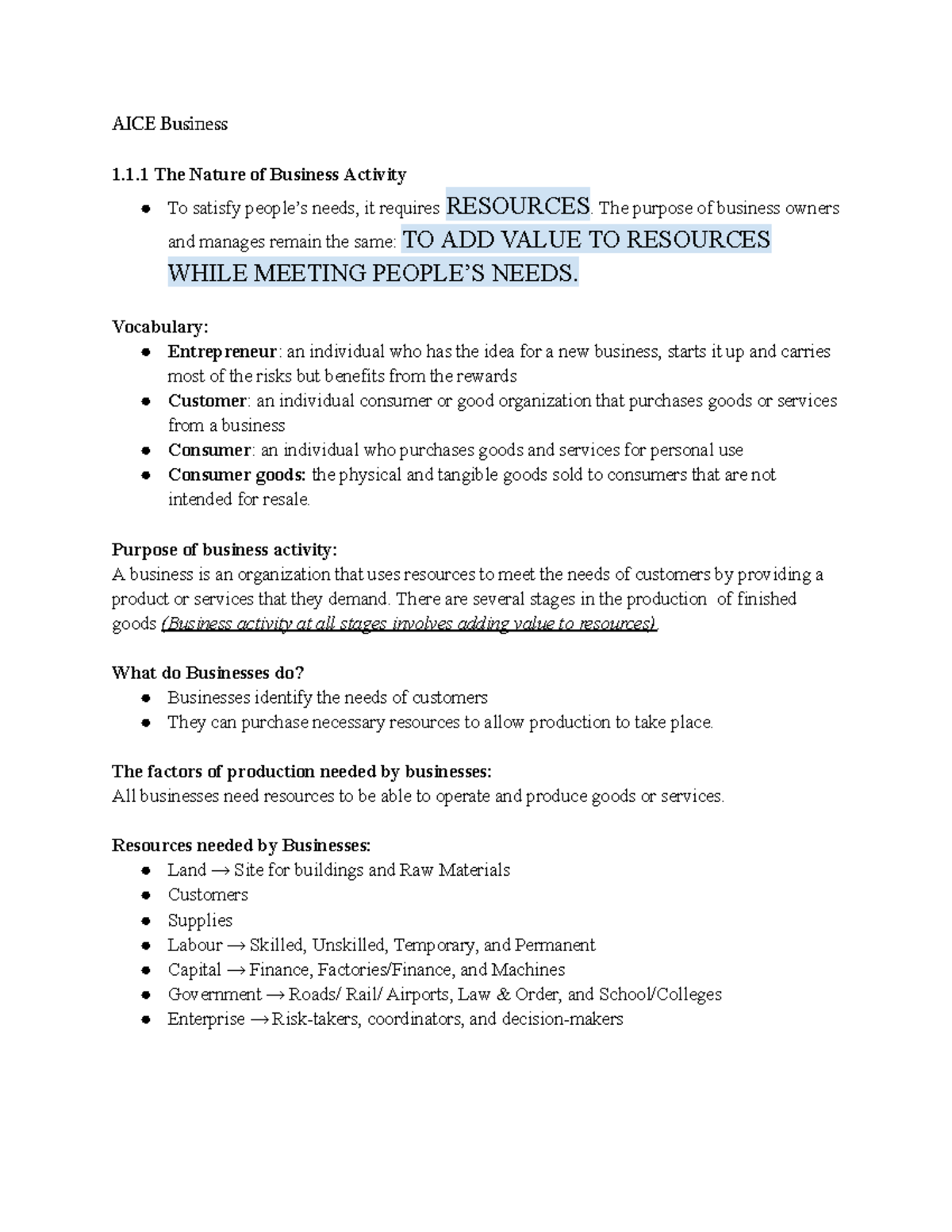 Chapter One - Enterprise - AICE Business 1.1 The Nature of Business ...