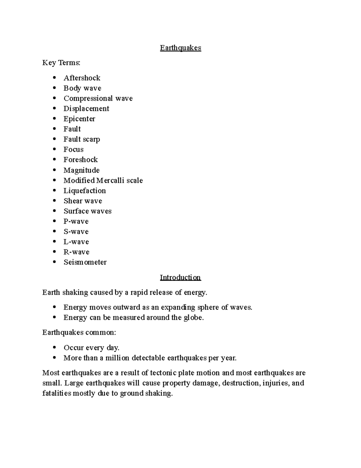 Earthquakes - Earthquake notes plus vocabulary - Earthquakes Key Terms ...