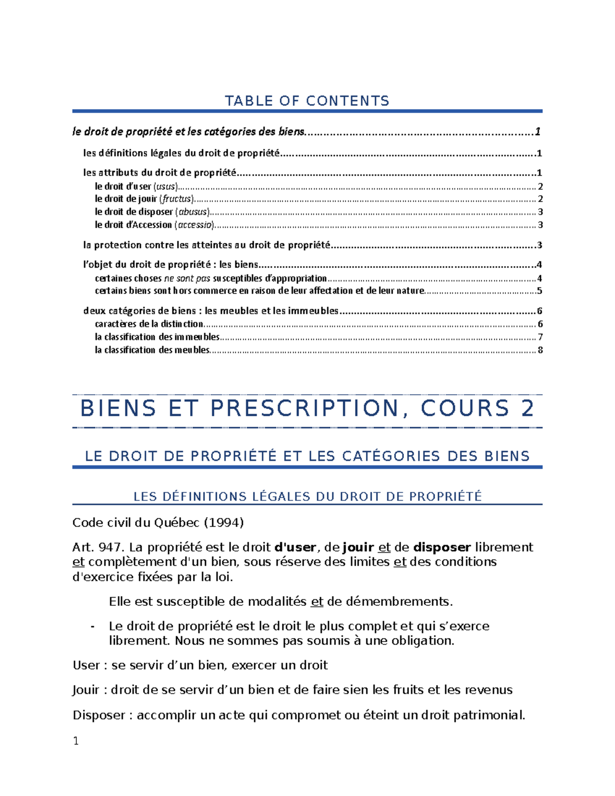 Cours 2 - TABLE OF CONTENTS le droit de propriété et les catégories des ...
