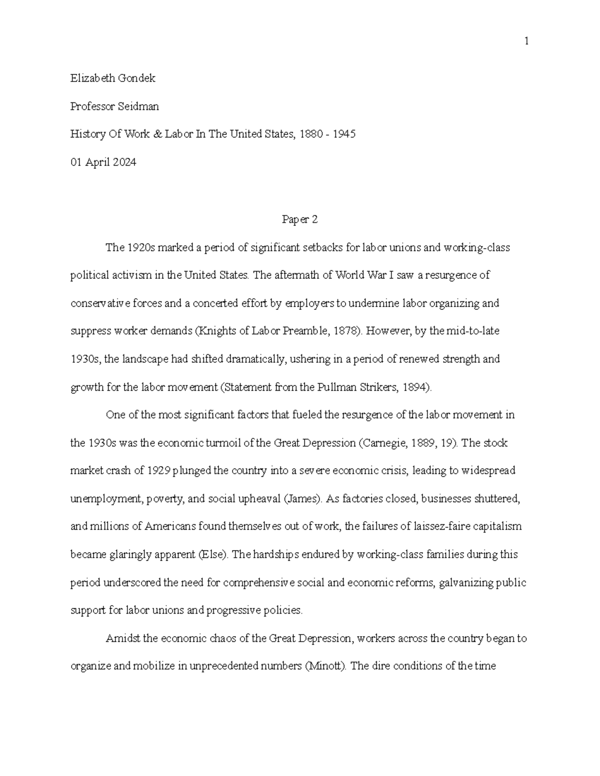 Paper 2 Draft - Elizabeth Gondek Professor Seidman History Of Work ...