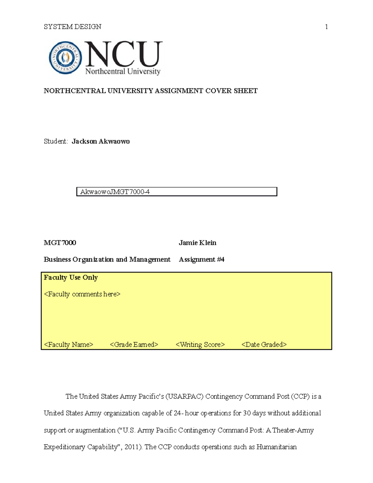 System Design - journal - NORTHCENTRAL UNIVERSITY ASSIGNMENT COVER ...