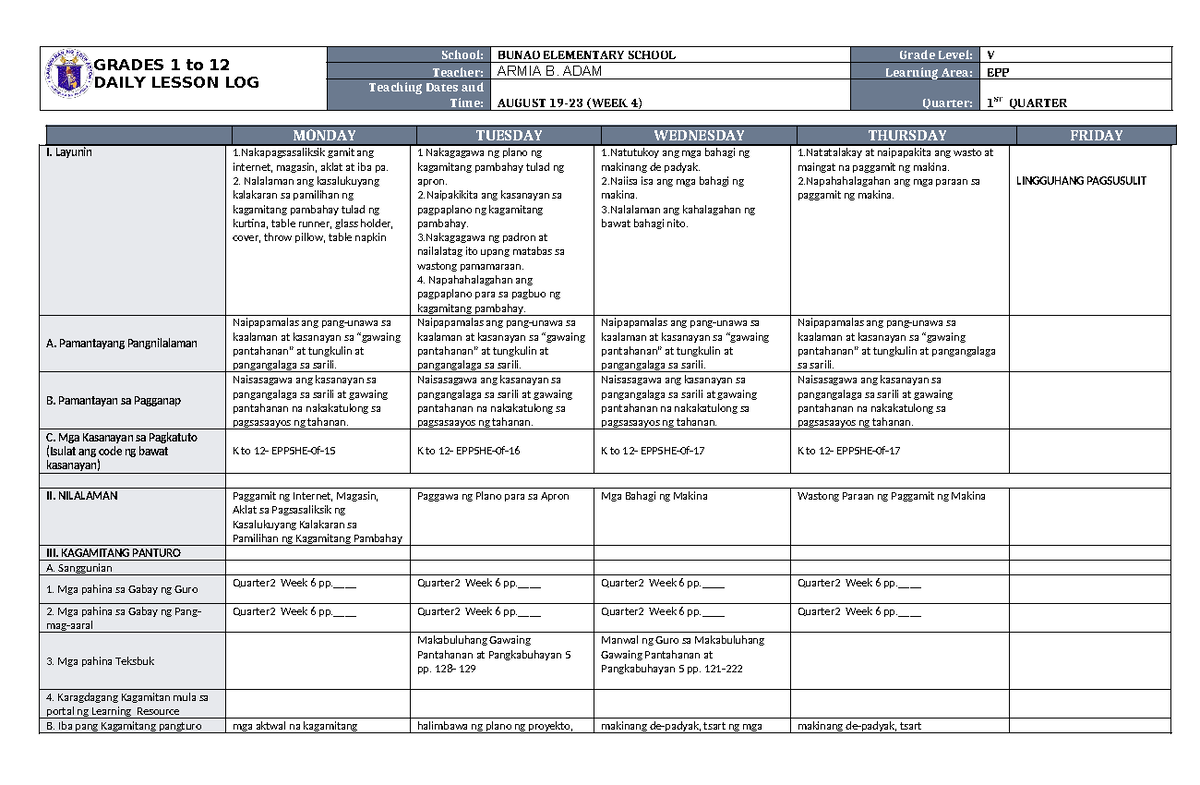 DLL EPP 5 Q2 W6 - epp - GRADES 1 to 12 DAILY LESSON LOG School: BUNAO ...