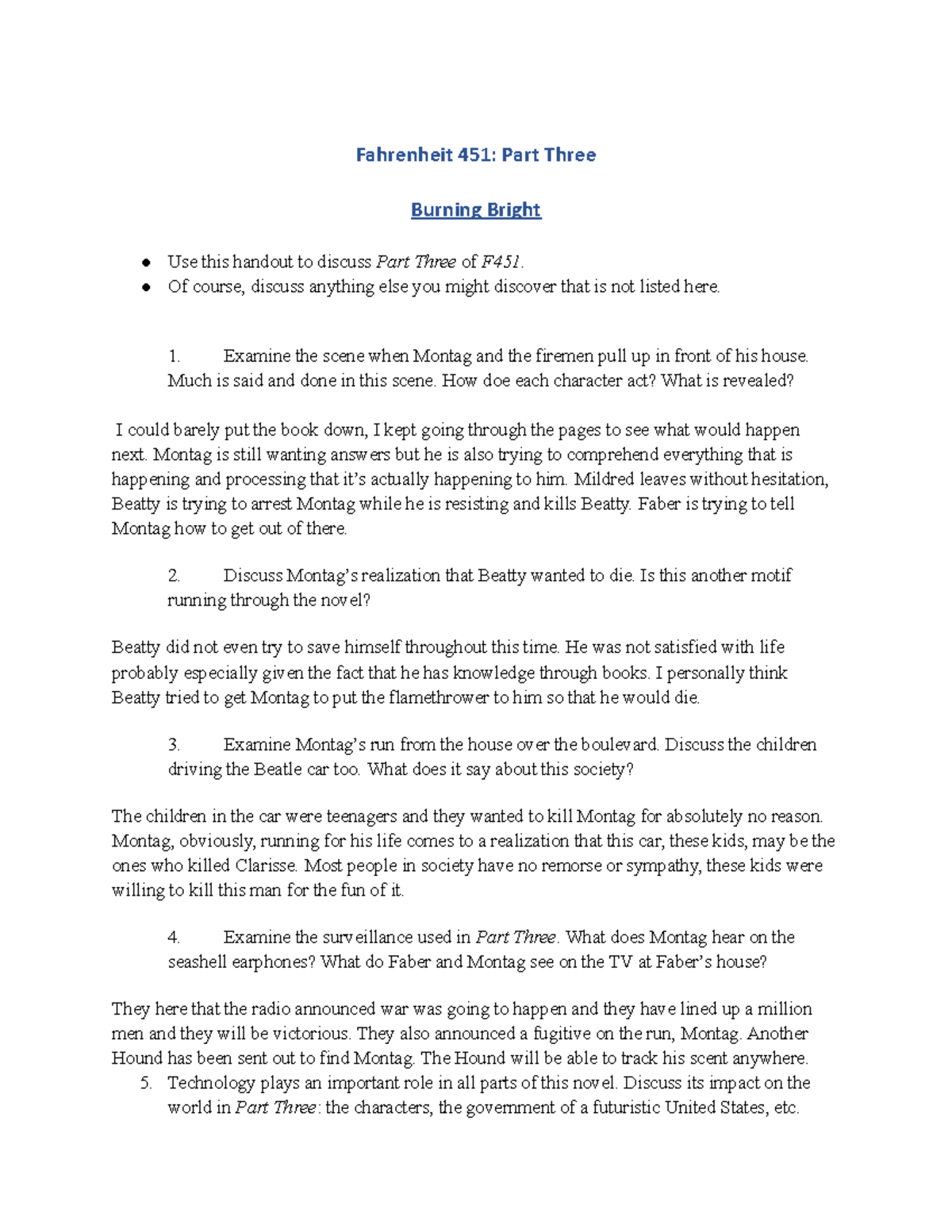 Fahrenheit 451 Part Three Fahrenheit 451 Part Three Burning Bright