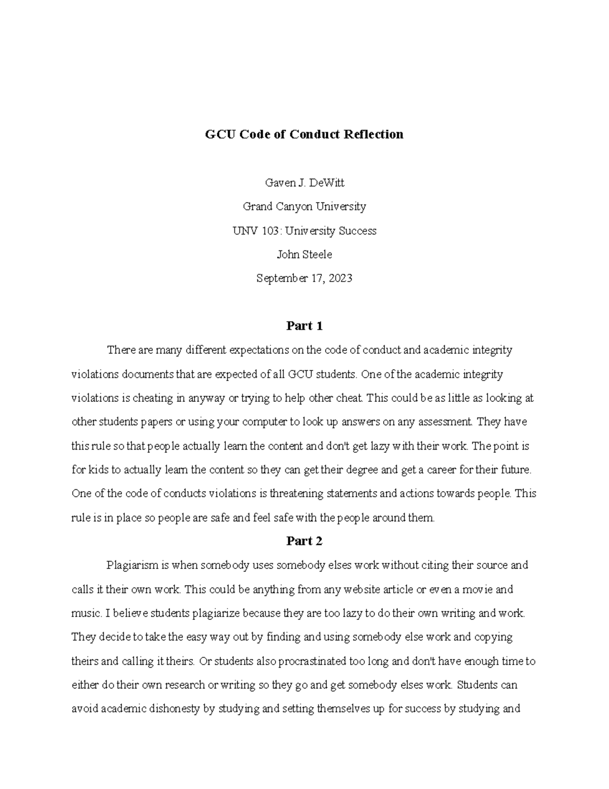 Reflection Gcu Code Of Conduct Homework Gcu Code Of Conduct Reflection Gaven J Dewitt Grand
