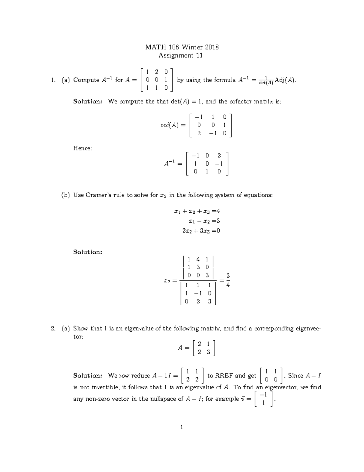 S11 - Solution - MATH 106 Winter 2018 Assignment 11 1. (a) Compute 1 2 ...