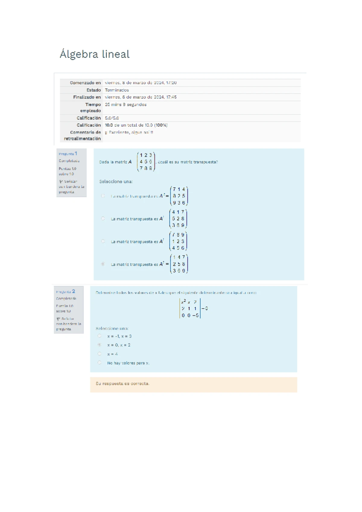 Modalidad de exámenes Semana 2 algebra lineal - Calificación 8 de un total de 10 (80% ...