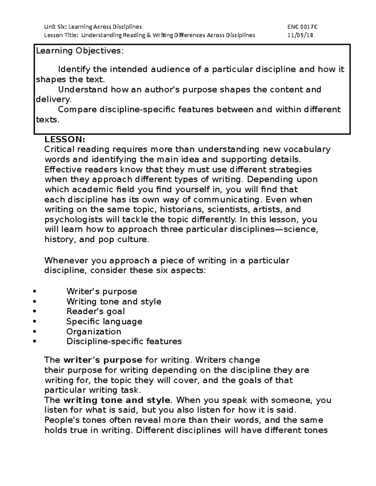 Understanding Reading & Writing Differences Across disciplines - Lesson ...