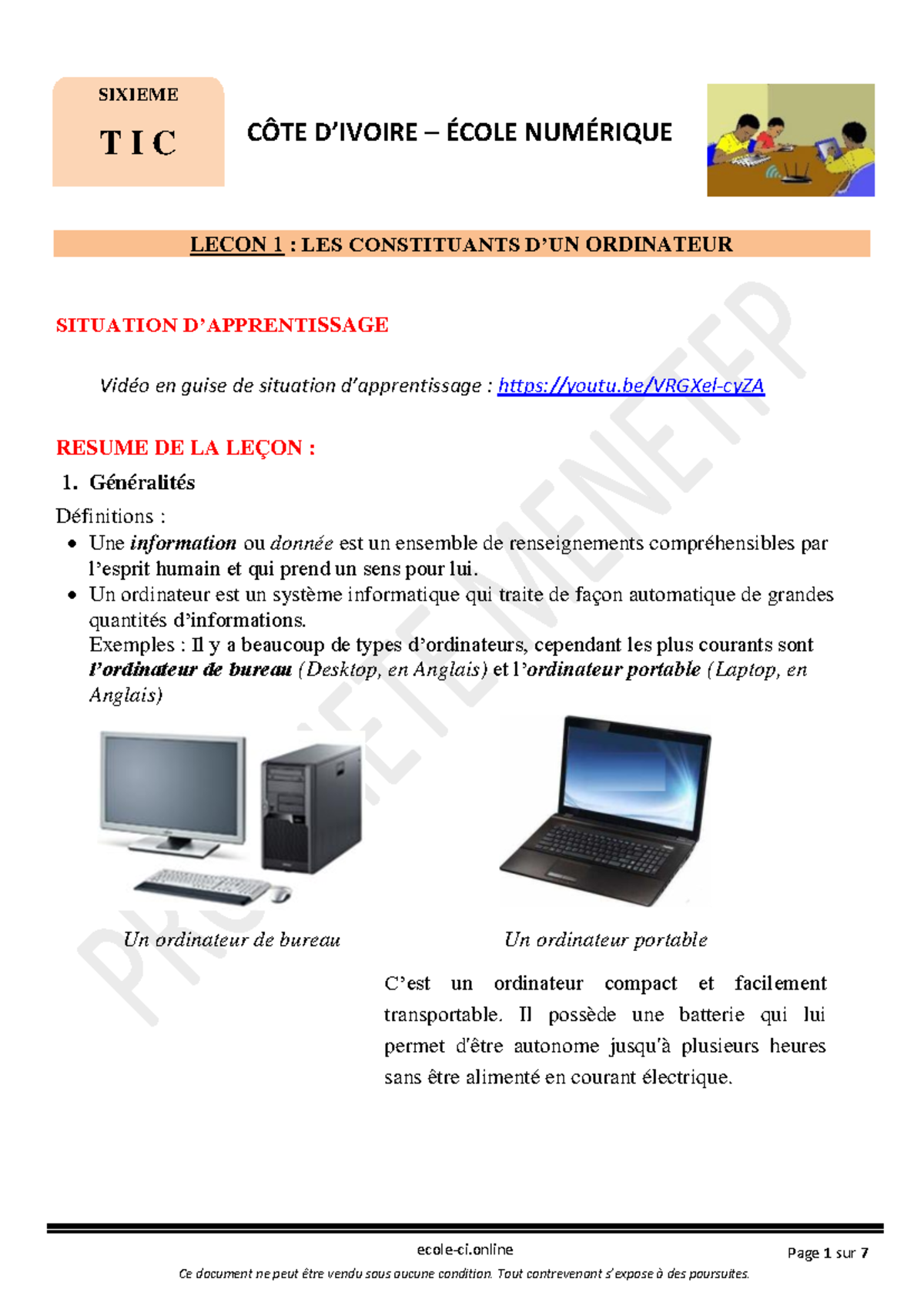 Informatique - ecole-ci Page 1 sur 7 CÔTE D’IVOIRE – ÉCOLE NUMÉRIQUE ...