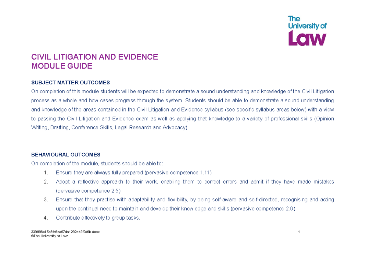 Module guide - CIVIL LITIGATION AND EVIDENCE MODULE GUIDE SUBJECT ...