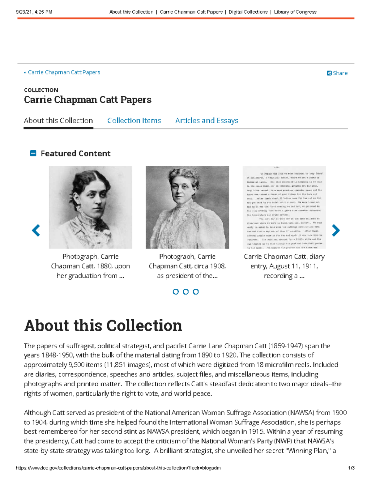 About this Collection Carrie Chapman Catt Papers Digital Collections ...