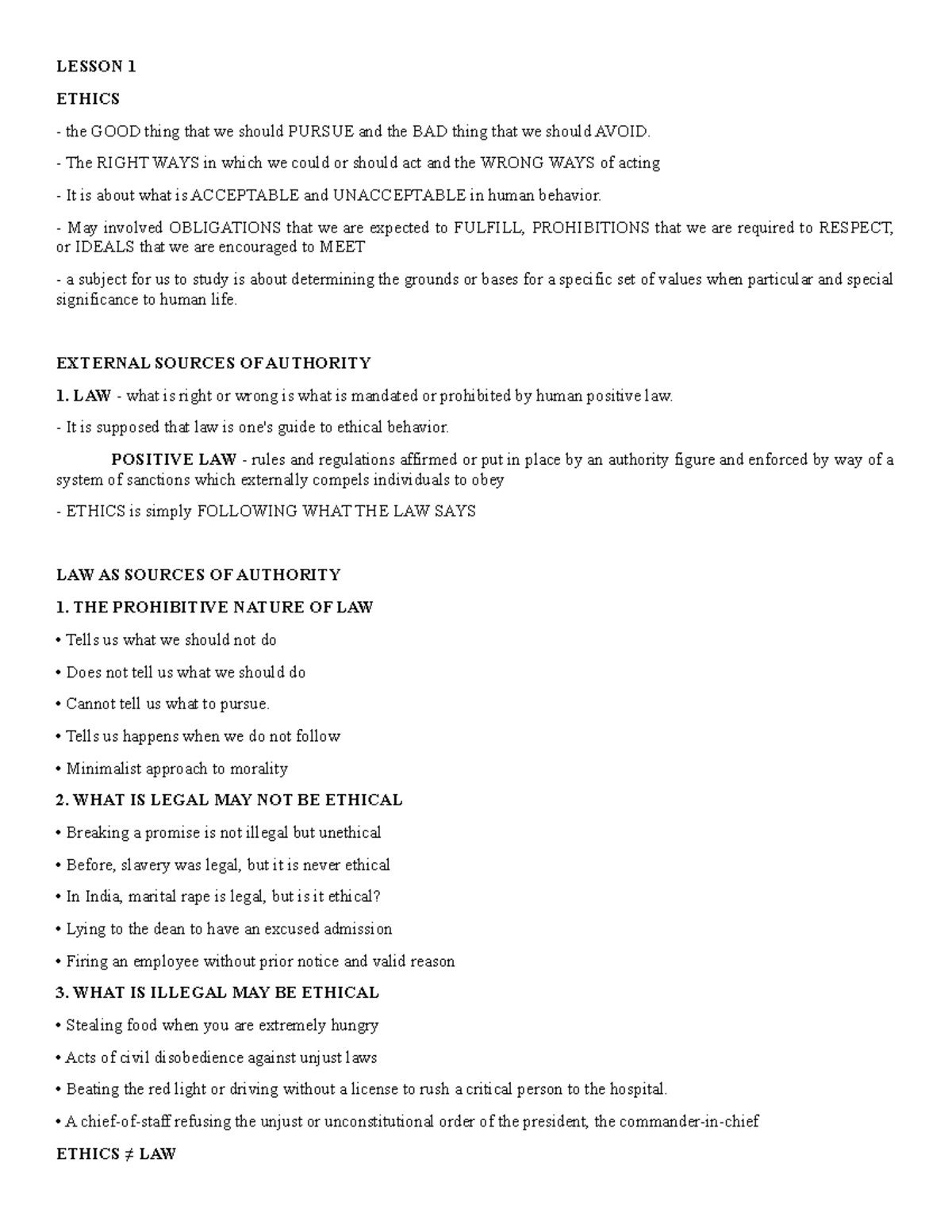 Ethics - hand outs - LESSON 1 ETHICS the GOOD thing that we should ...