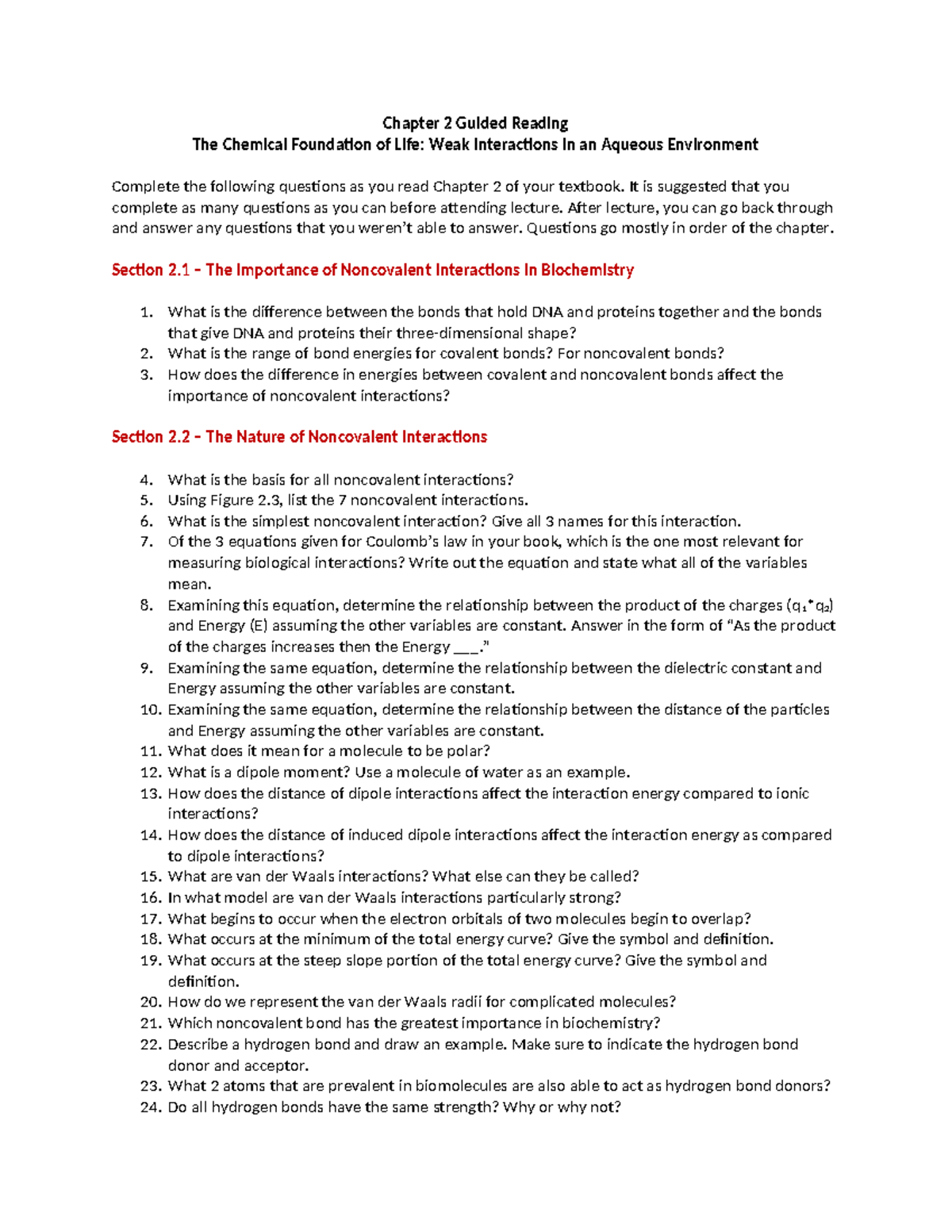 Chapter 2 Guided Reading Summer - Chapter 2 Guided Reading The Chemical Foundation of Life: Weak ...