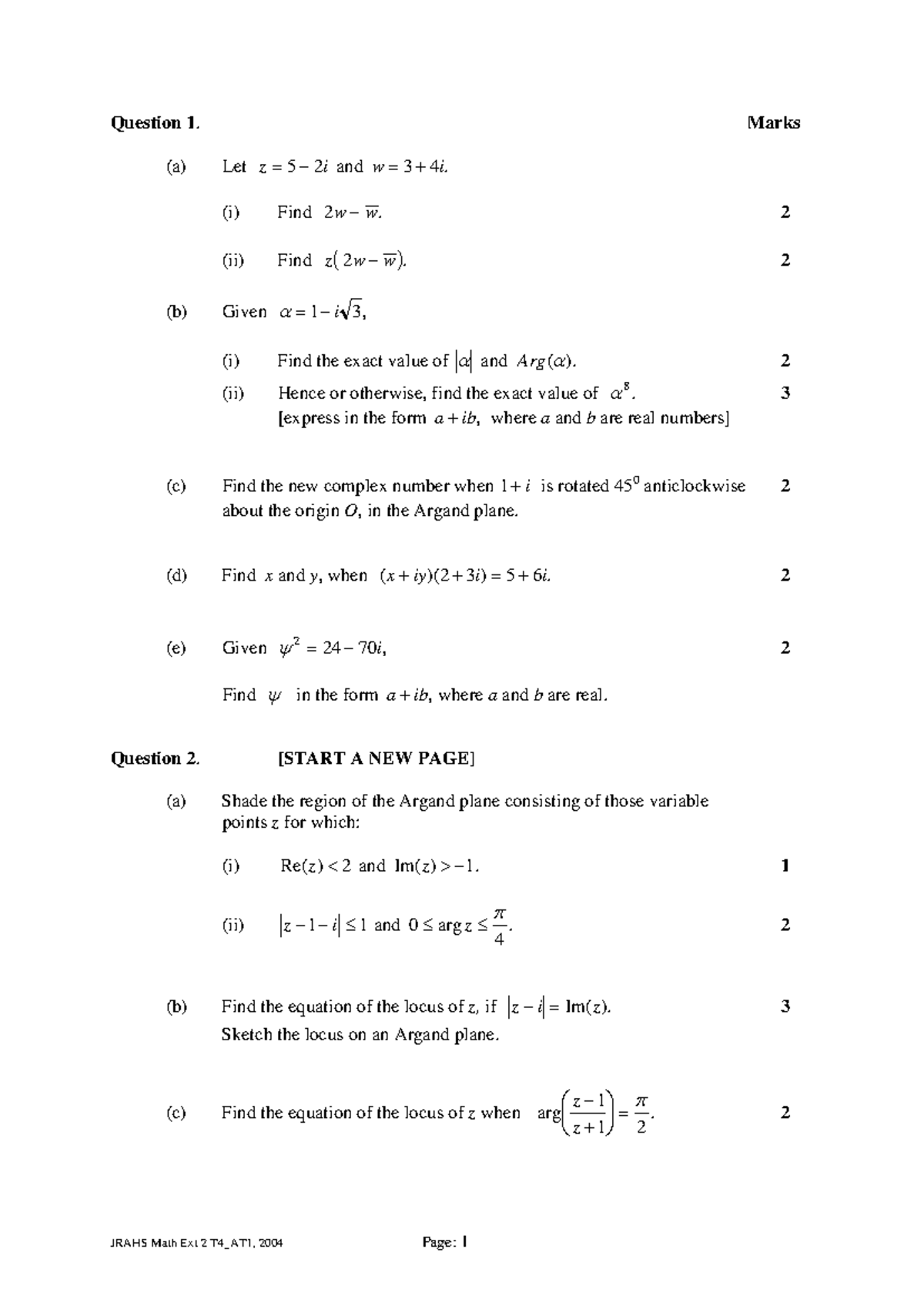 James Ruse 2004 4U CT1 & Solutions - JRAHS Math Ext 2 T4_AT1, 2004 Page ...