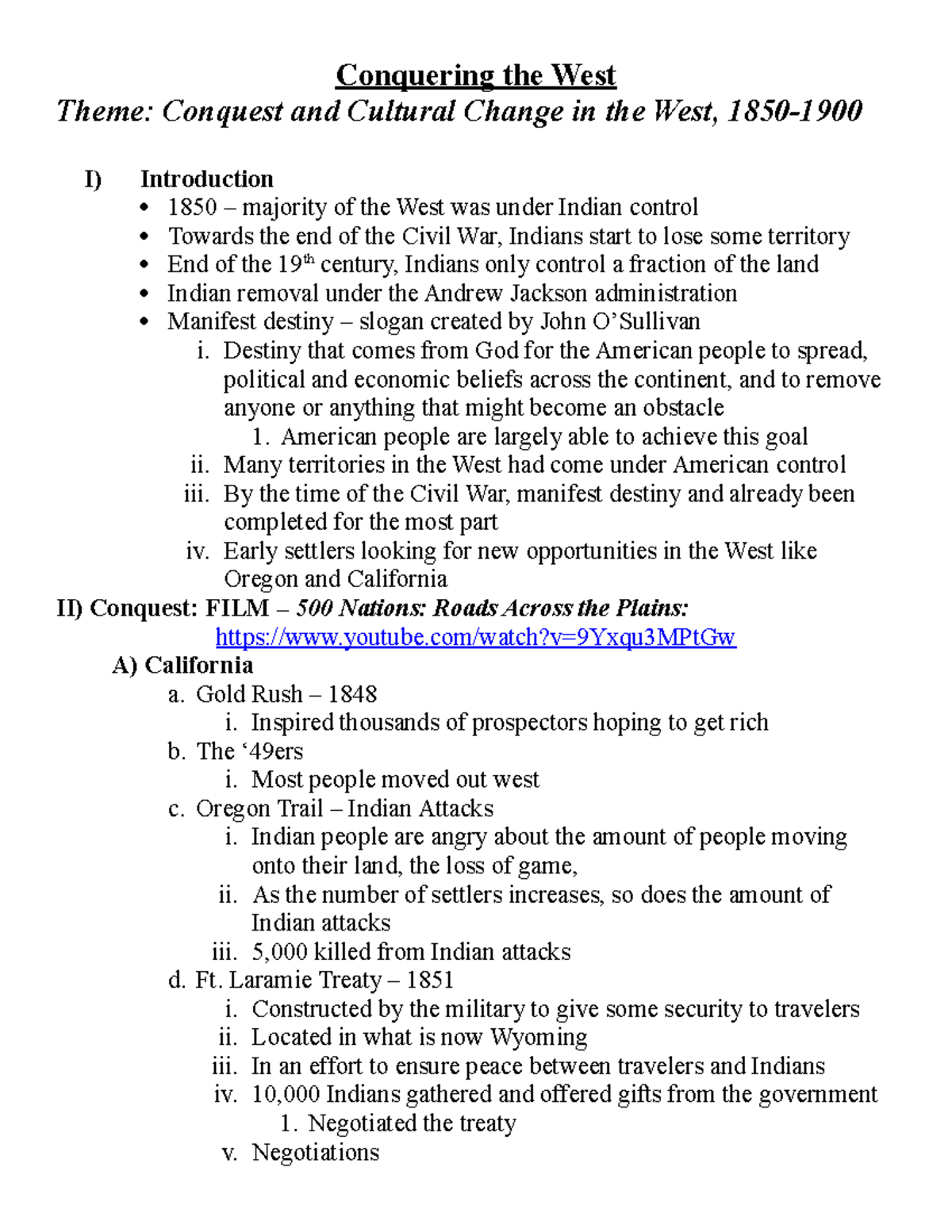 HIS - 202 Transforming the West Notes - Conquering the West Theme ...