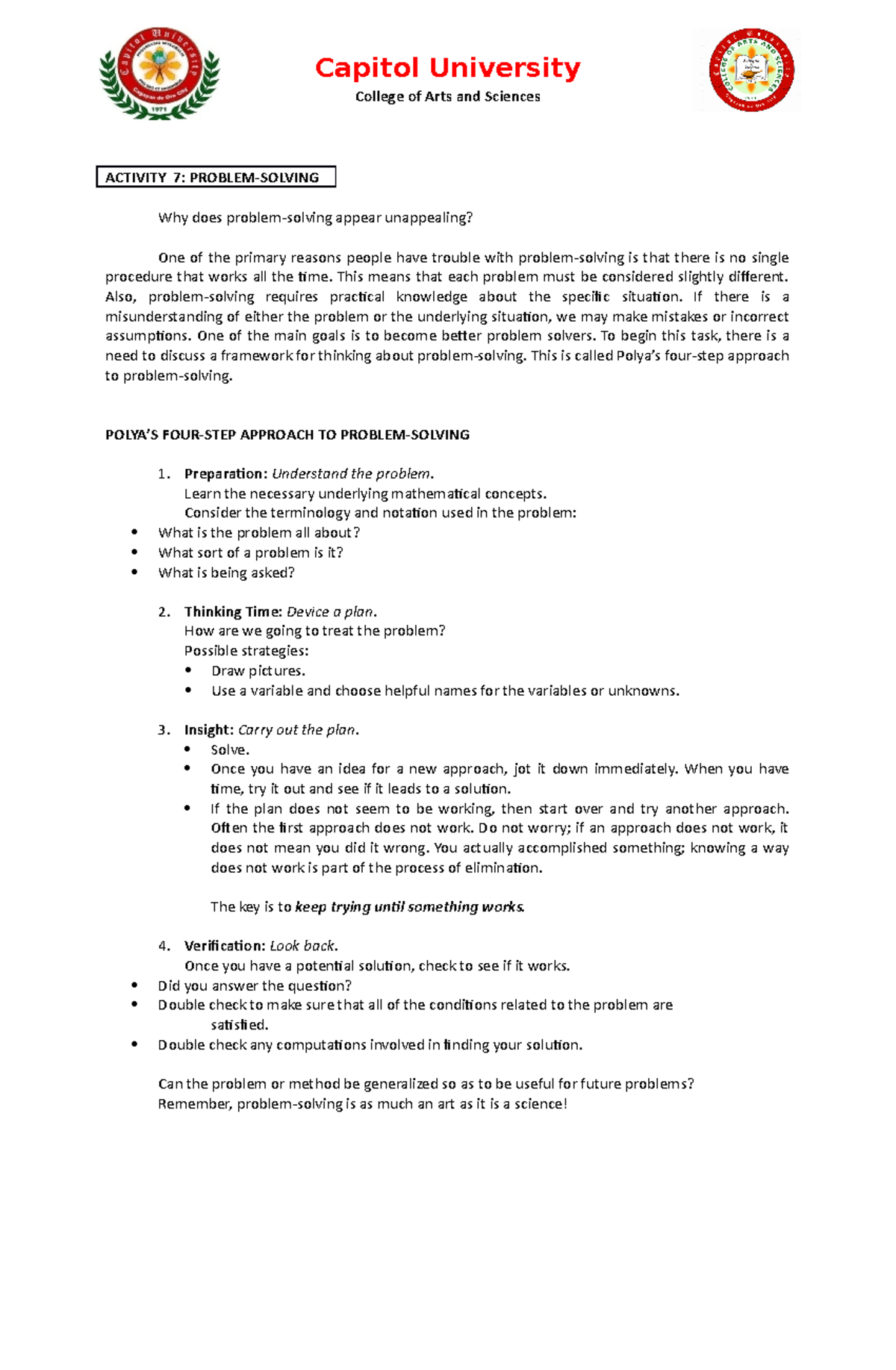 Problem Solving - Guide in answering or studying Mathematics in the Modern World. - Capitol ...