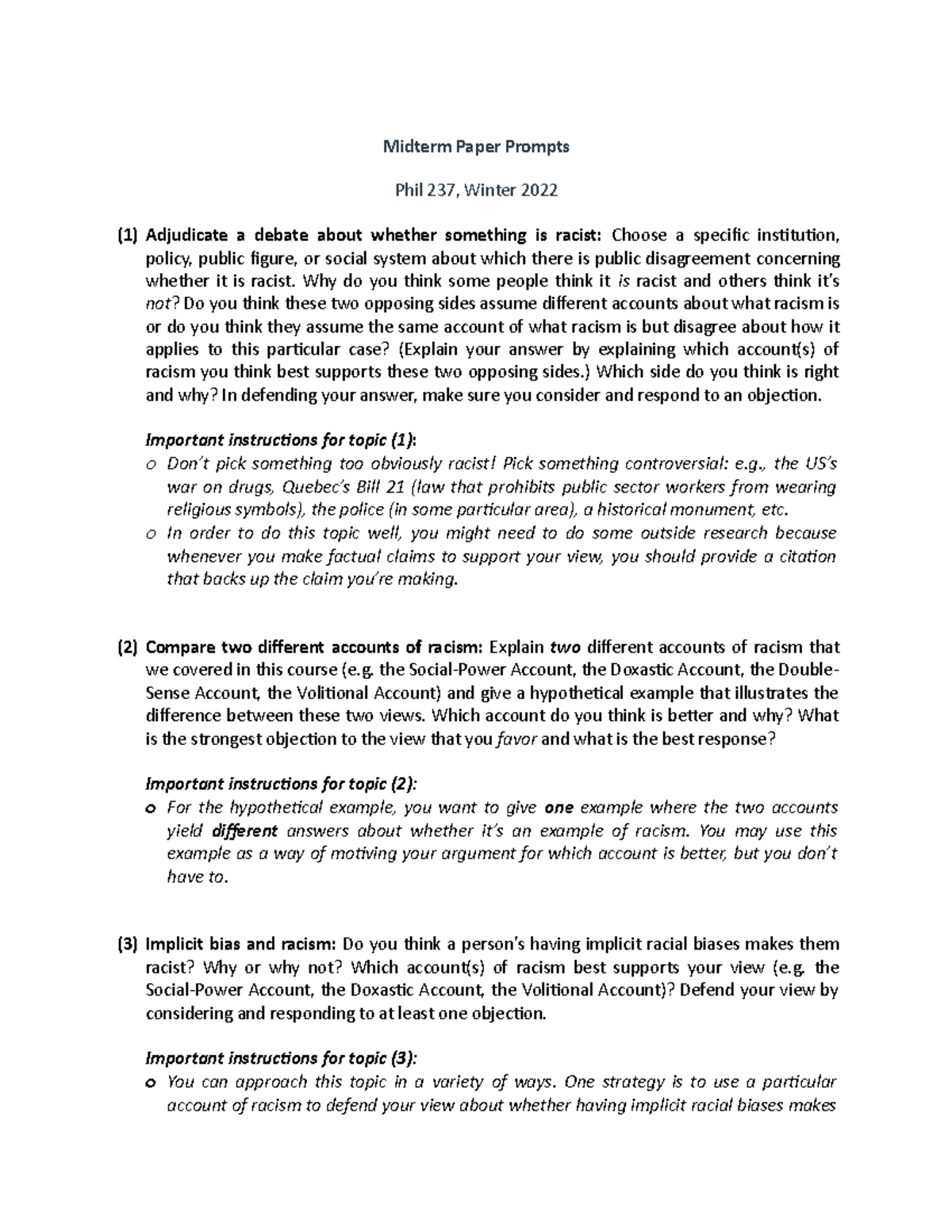 Midterm Paper Practice Notes lol k let - Midterm Paper Prompts Phil 237 ...