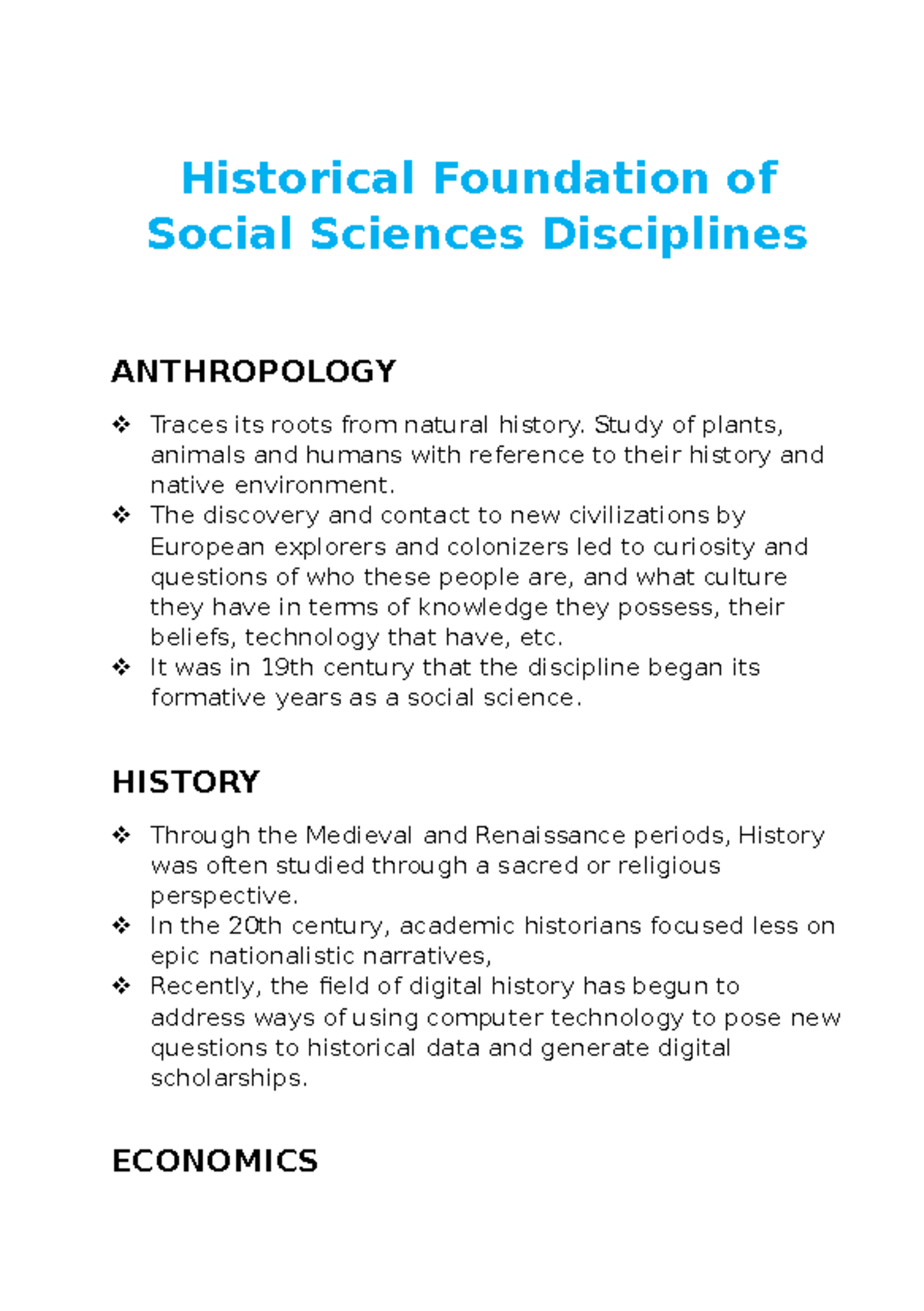 Historical Foundation of Social Sciences Disciplines - Historical ...