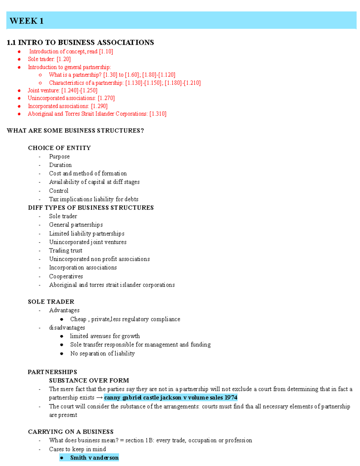 BA NOTES AND CASES - WEEK 1 1 INTRO TO BUSINESS ASSOCIATIONS ...