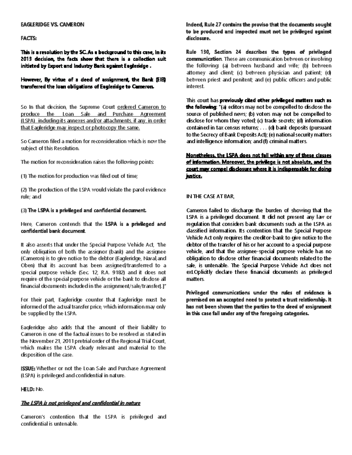 Eagleridge vs. Cameron CASE DIGEST - Corporate Law - AdDU - Studocu