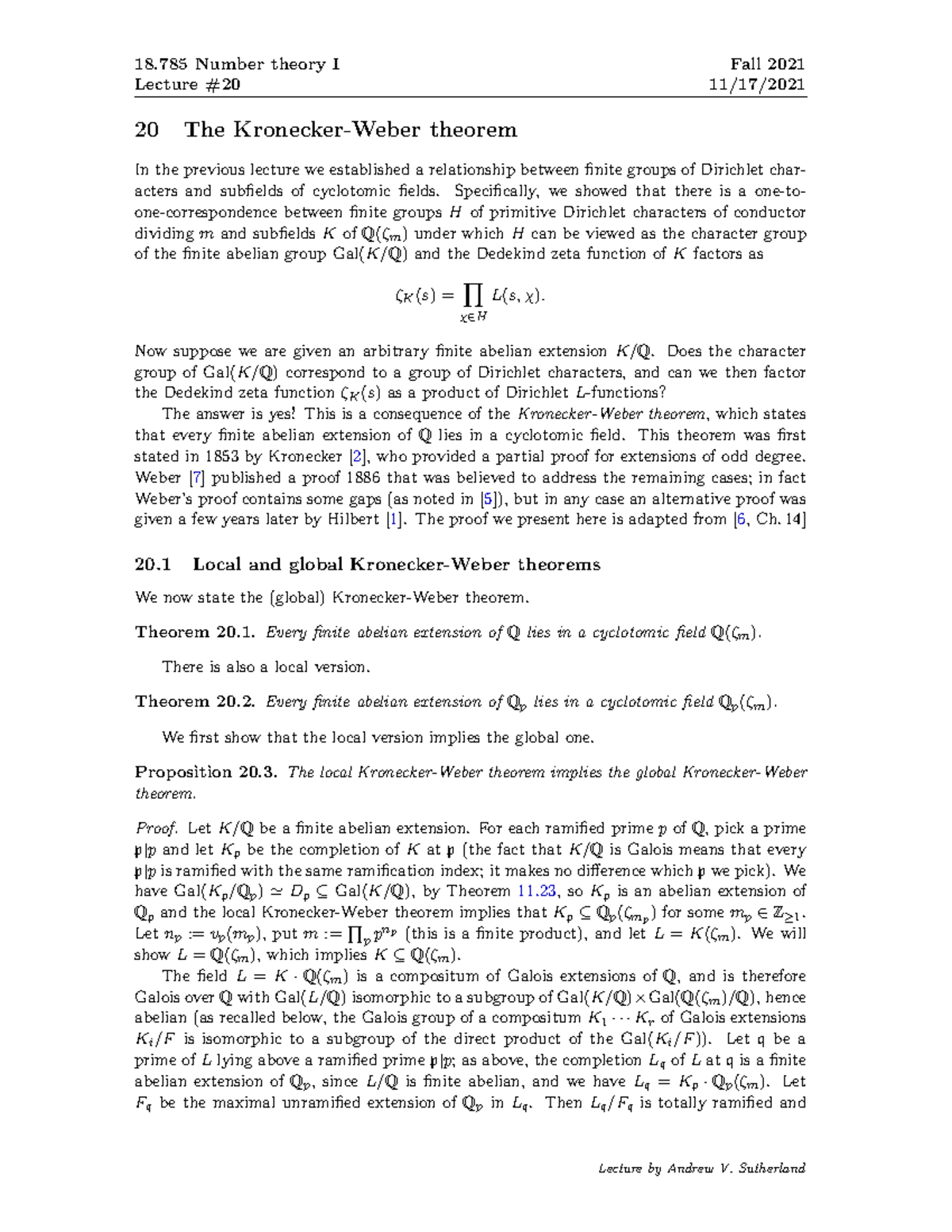 Number Theory I Lecture 20 - 18 Number theory I Lecture # Fall 2021 11/17/ 20 The Kronecker ...