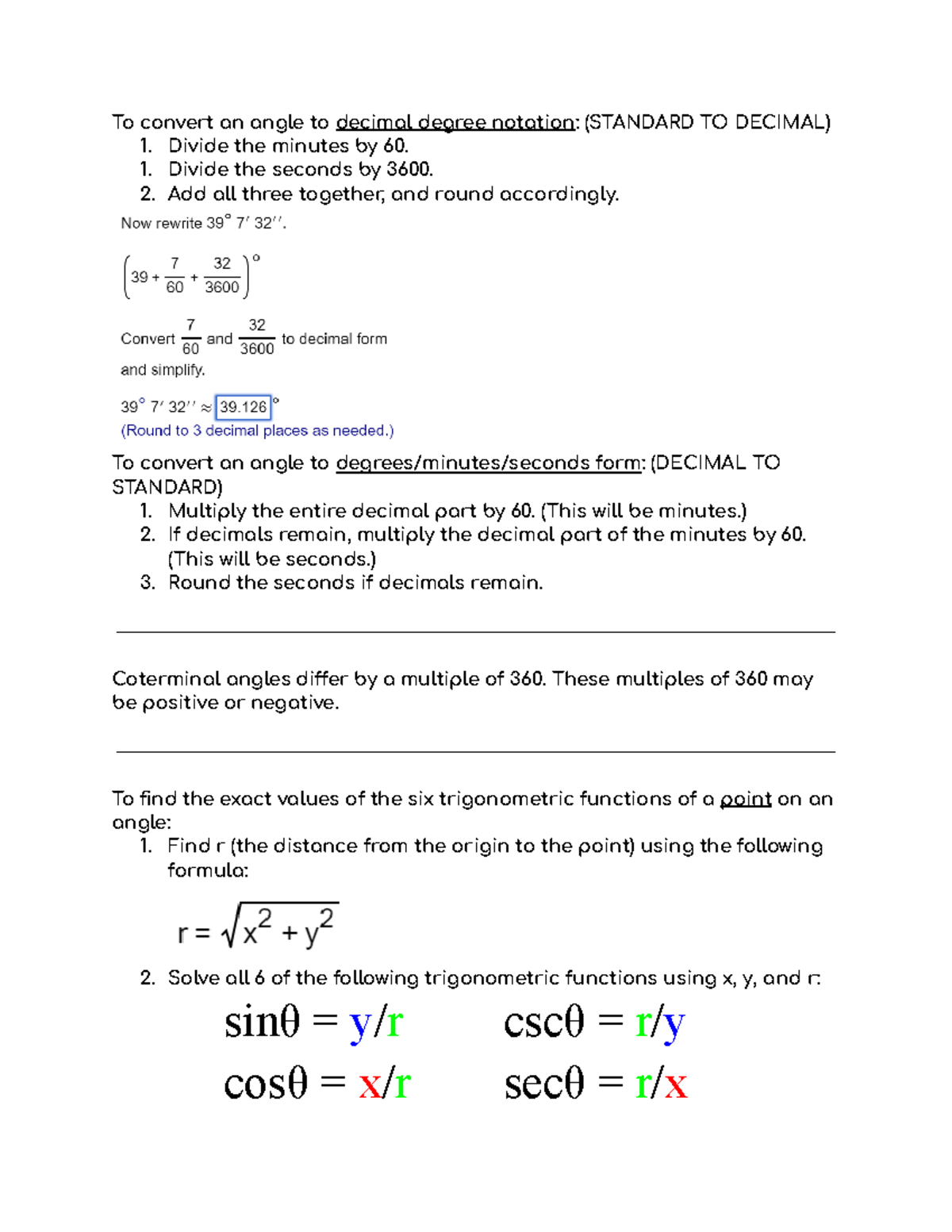 Math Test Study Guide 1 - my notes - To convert an angle to decimal ...