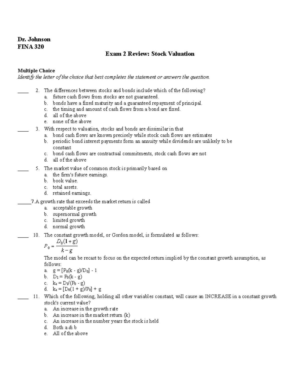 Exam 2 Review Stock Valuation - Dr. Johnson FINA 320 Exam 2 Review ...