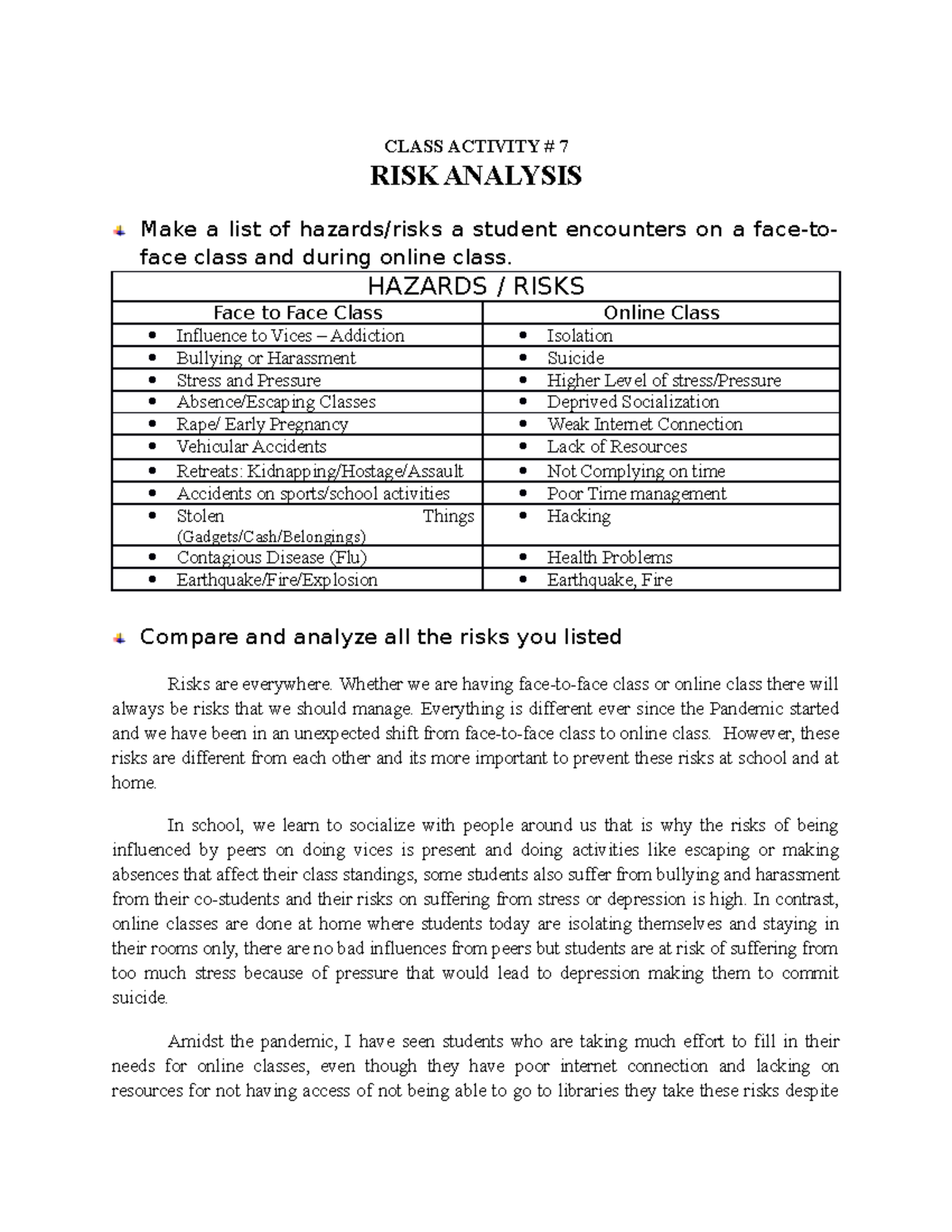 Risk Analysis - CLASS ACTIVITY # 7 RISK ANALYSIS Make a list of hazards ...