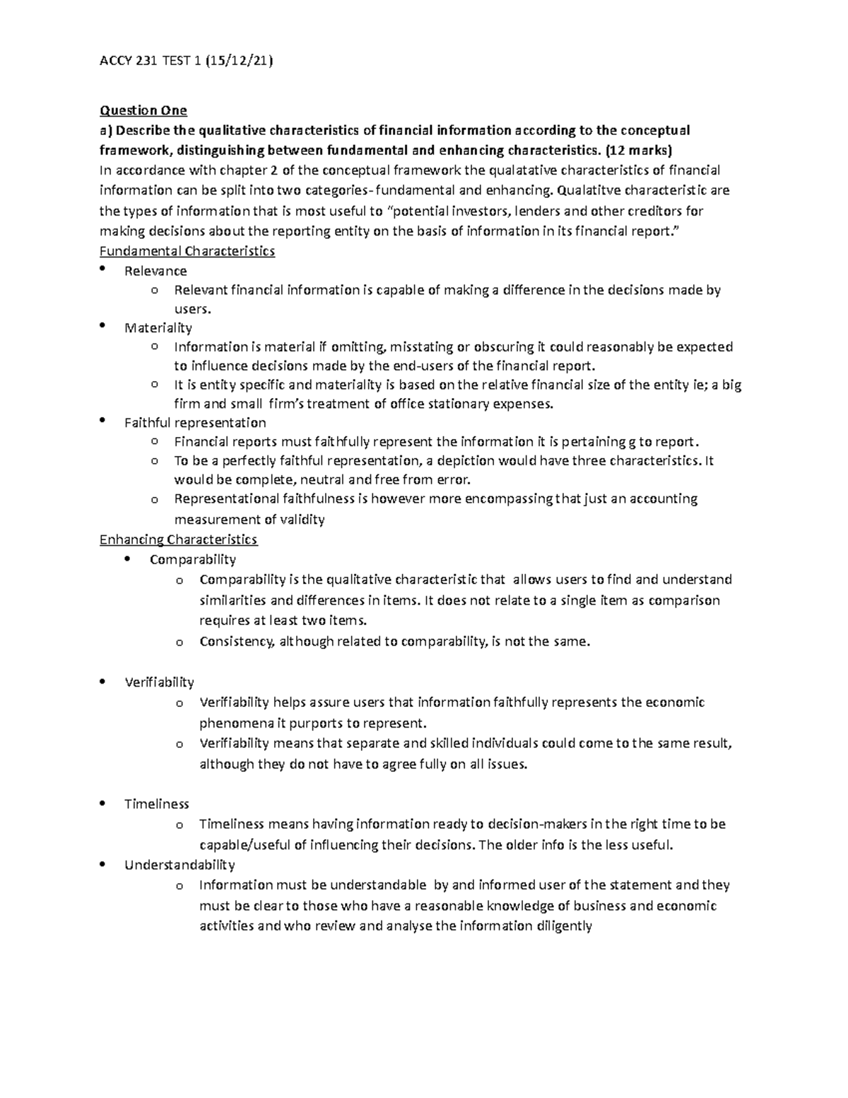 ACCY 231 TEST 1 - A- test answer - Question One a) Describe the ...