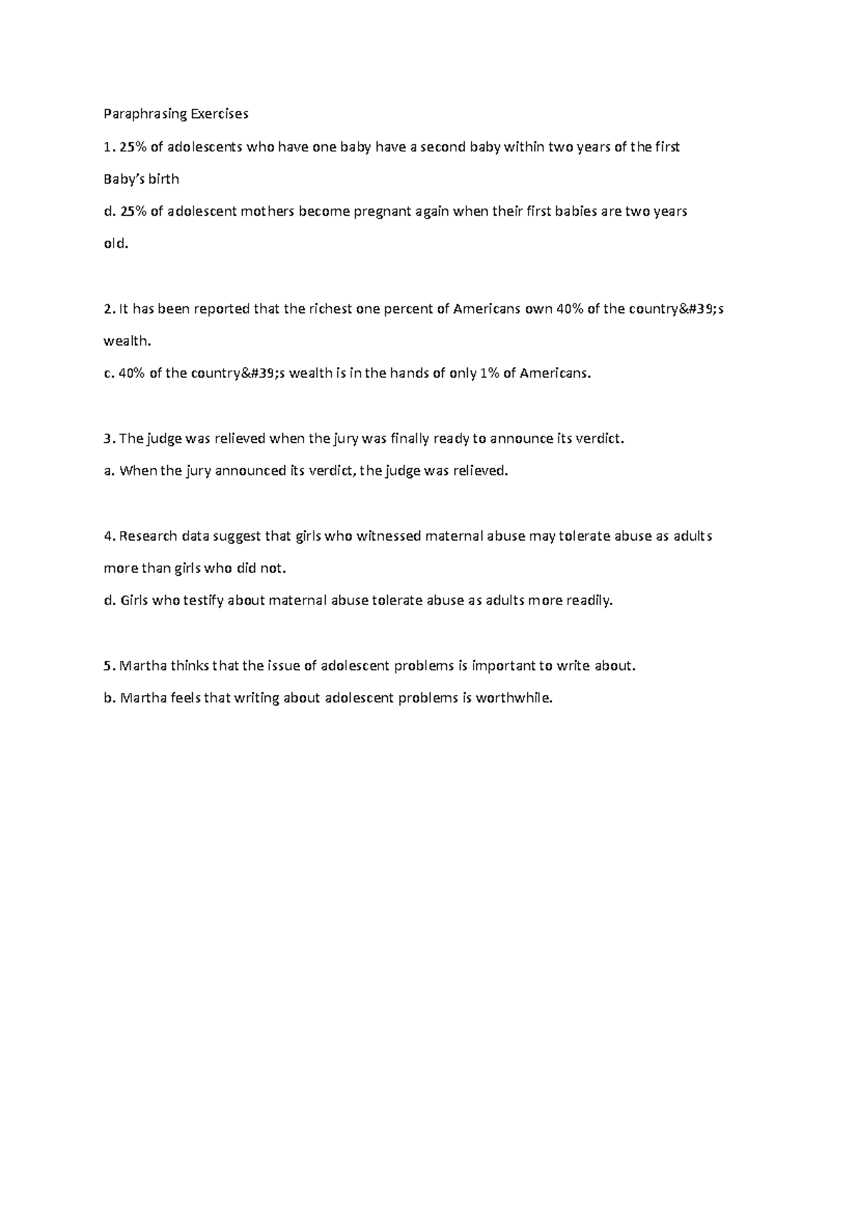 Elc - PARAPHRASING - Paraphrasing Exercises 25% of adolescents who have ...