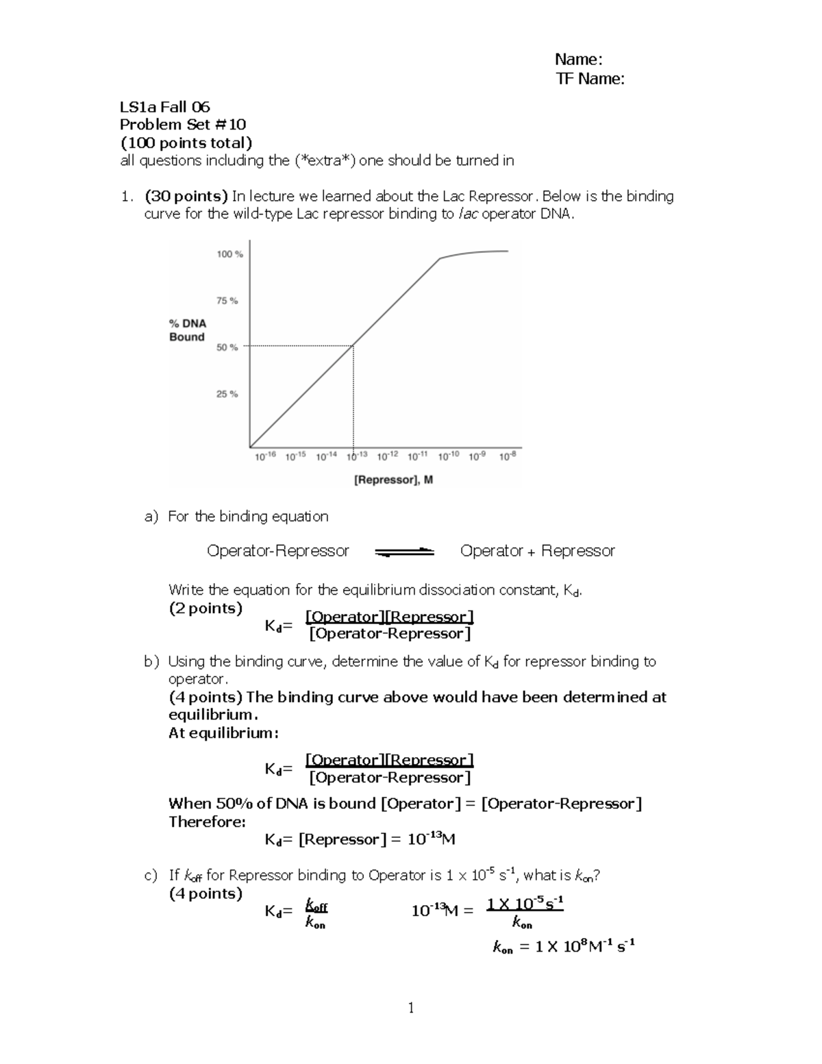 Seminar Assignments Problem Set 10 Life Sciences 1a Name Tf Name Ls1a Fall 06 Problem Set