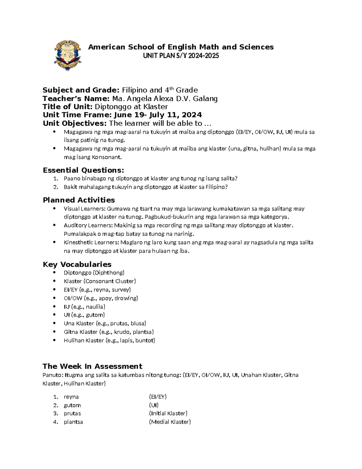 4th Grade Filipino 1Q-Unit Plan-Midterm-PBL - American School of ...