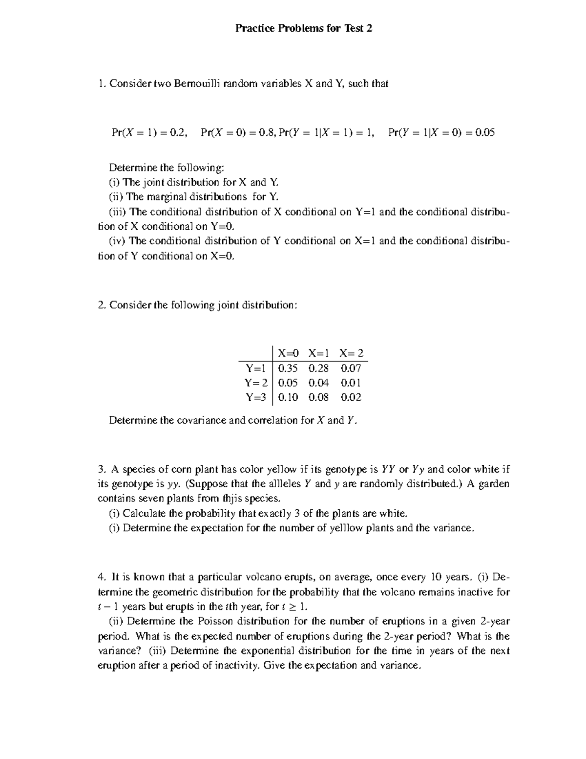 Practice Problems For Test2 2 Pr X 0 0 8 Pr Y 1 X 1