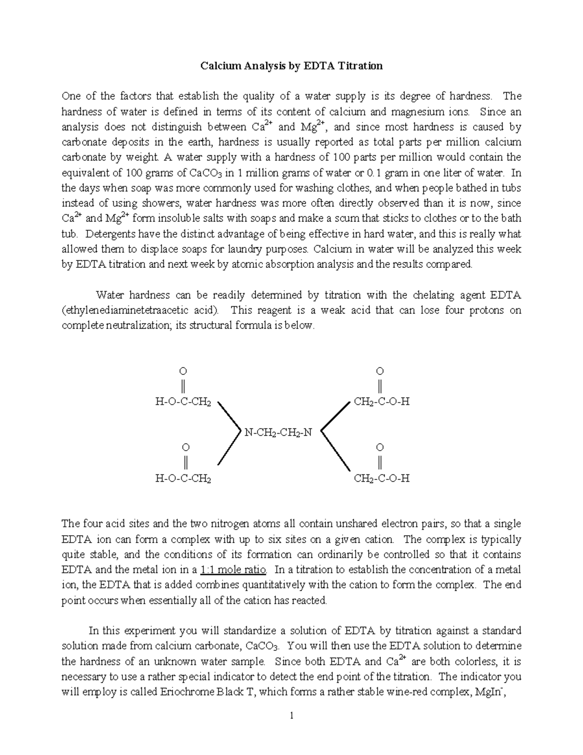 Calcium Analysis by EDTA Titration - The hardness of water is defined ...